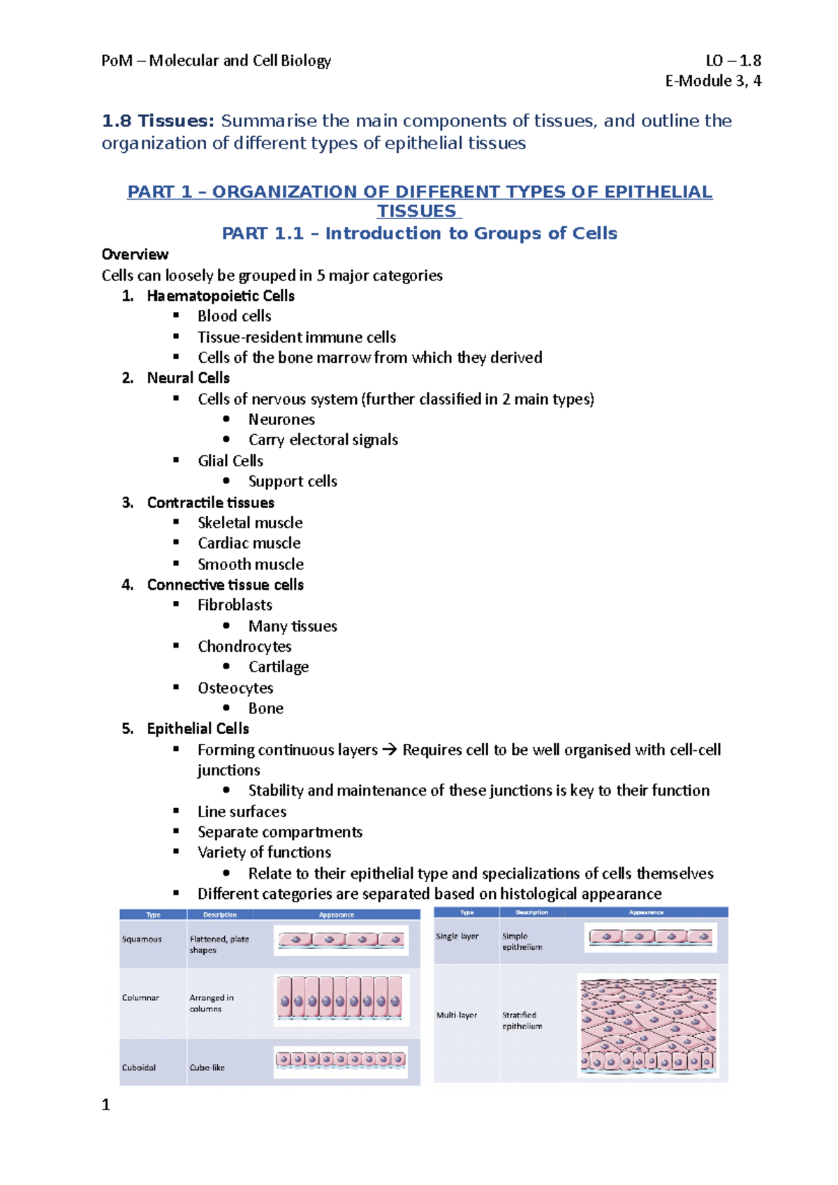 1.8 Tissues and Organs - E-Module 3, 4 1 Tissues: Summarise the main ...