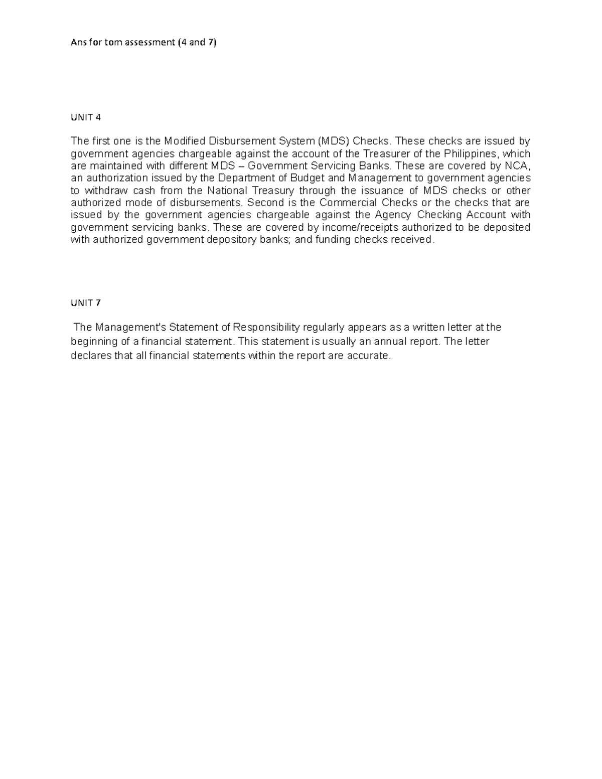 notes for references - Ans for tom assessment (4 and 7) UNIT 4 The ...