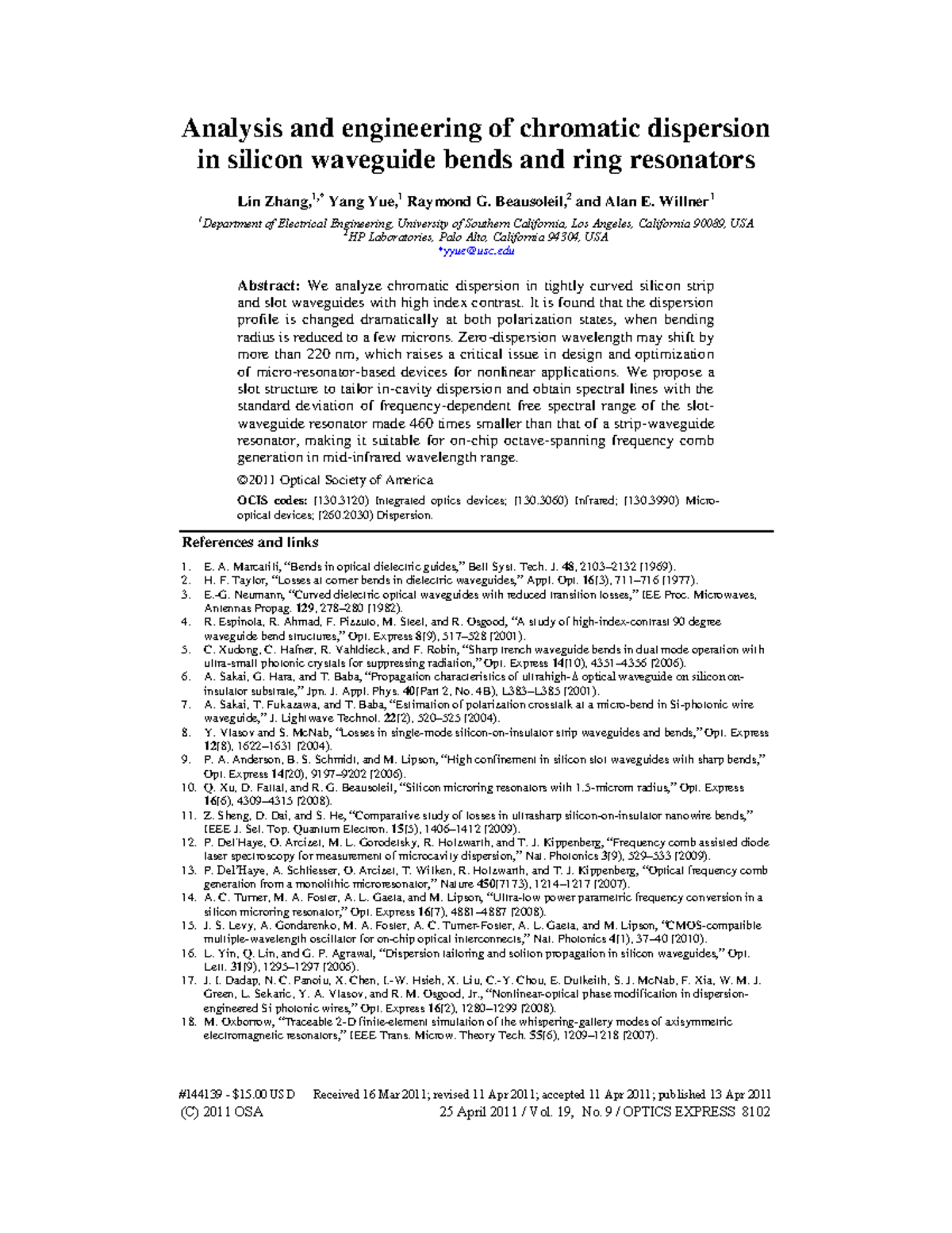 Chromatic dispersion in silicon waveguide bends - Beausoleil, 2 and ...