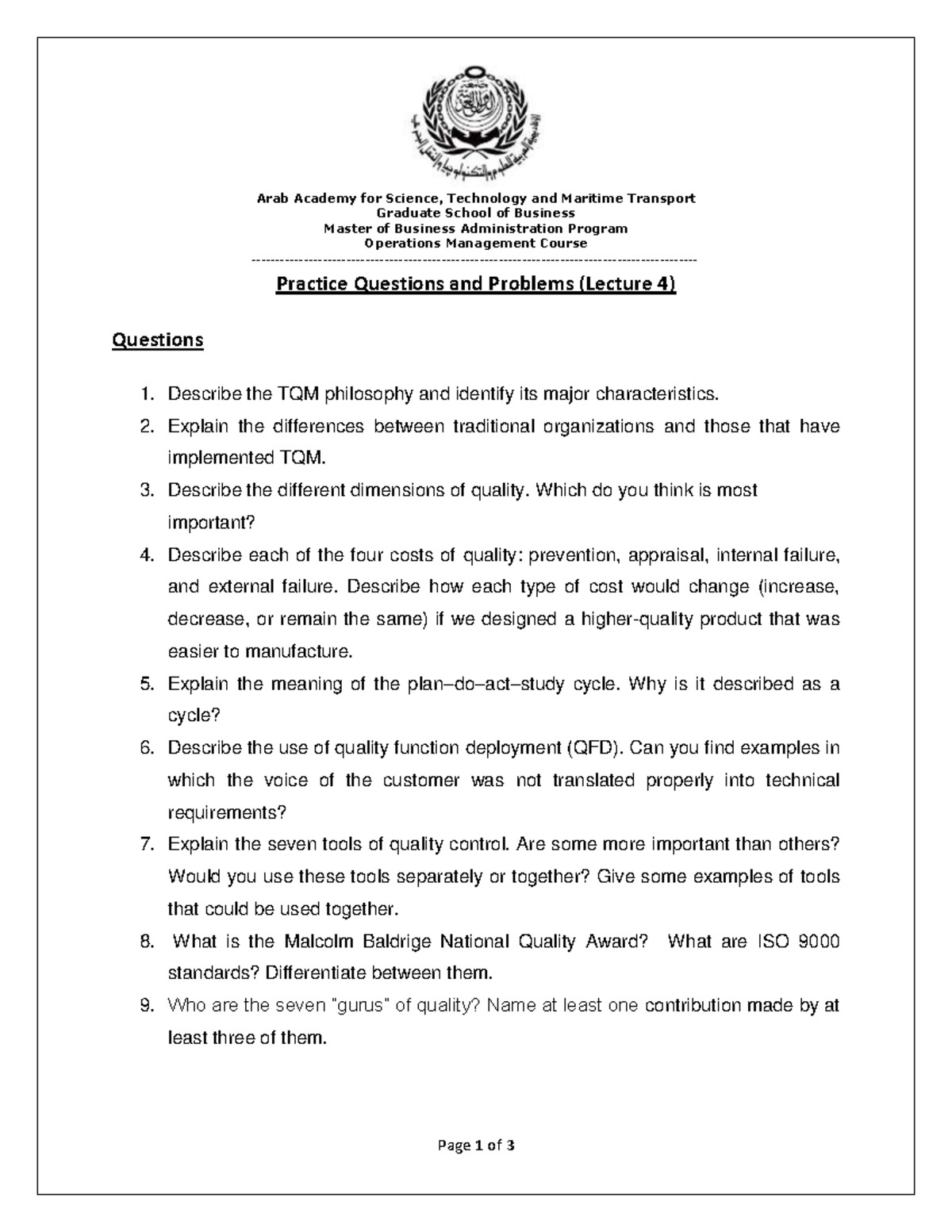 Lecture 4 Practice problems - Arab Academy for Science, Technology and Maritime Transport ...