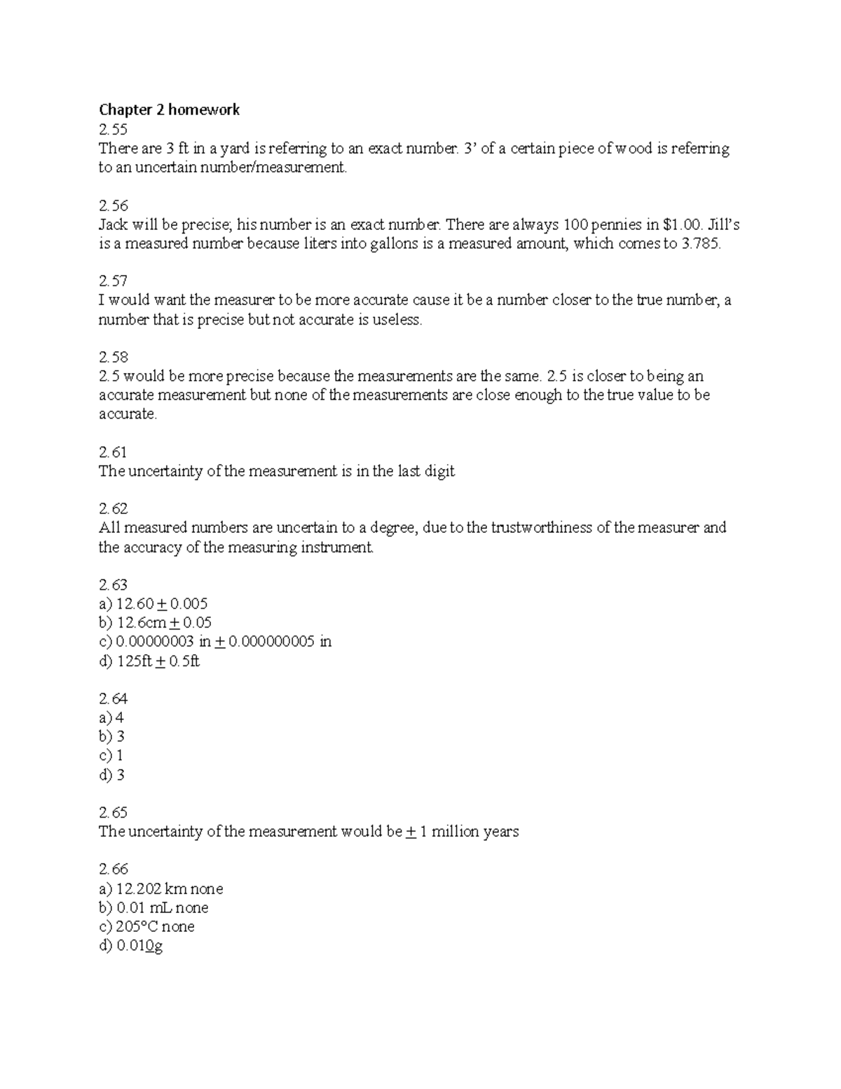 Chapter 2 Homework The Numerical Side Of Chemistry Chapter 2