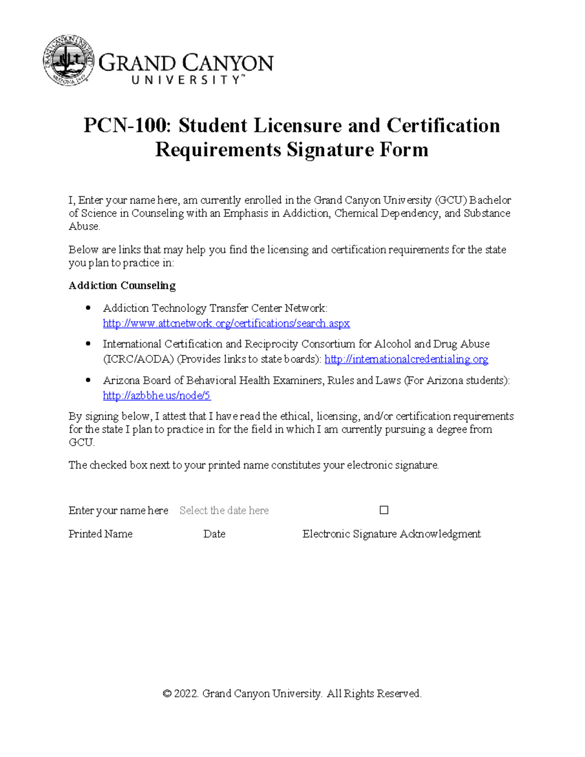 PCN 100 RS T3Student Licensure Certification Requirements Signature ...