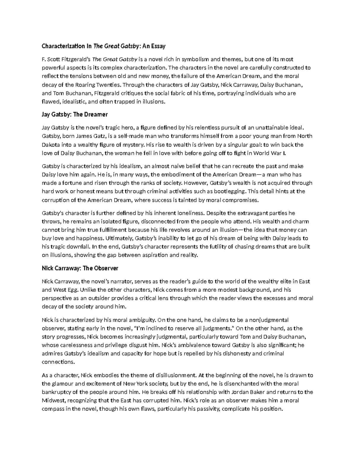 Characterization in The Great Gatsby - Scott Fitzgerald’s The Great ...