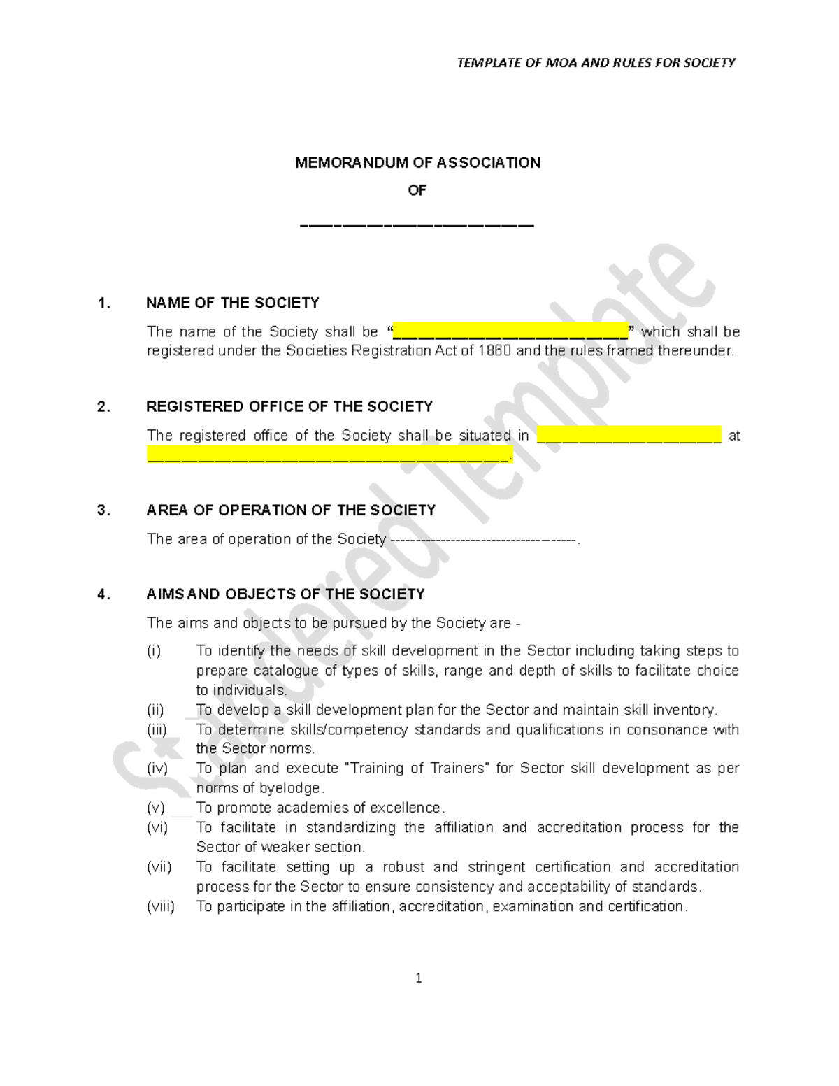 Model society Byelodge template doc - MEMORANDUM OF ASSOCIATION OF
