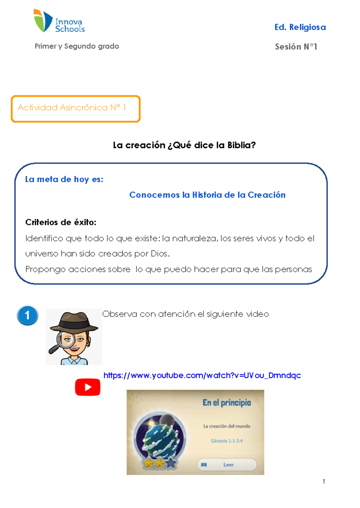 Ficha 1 La creacin Qu dice la Biblia 1 - ####### Primer y Segundo grado ...