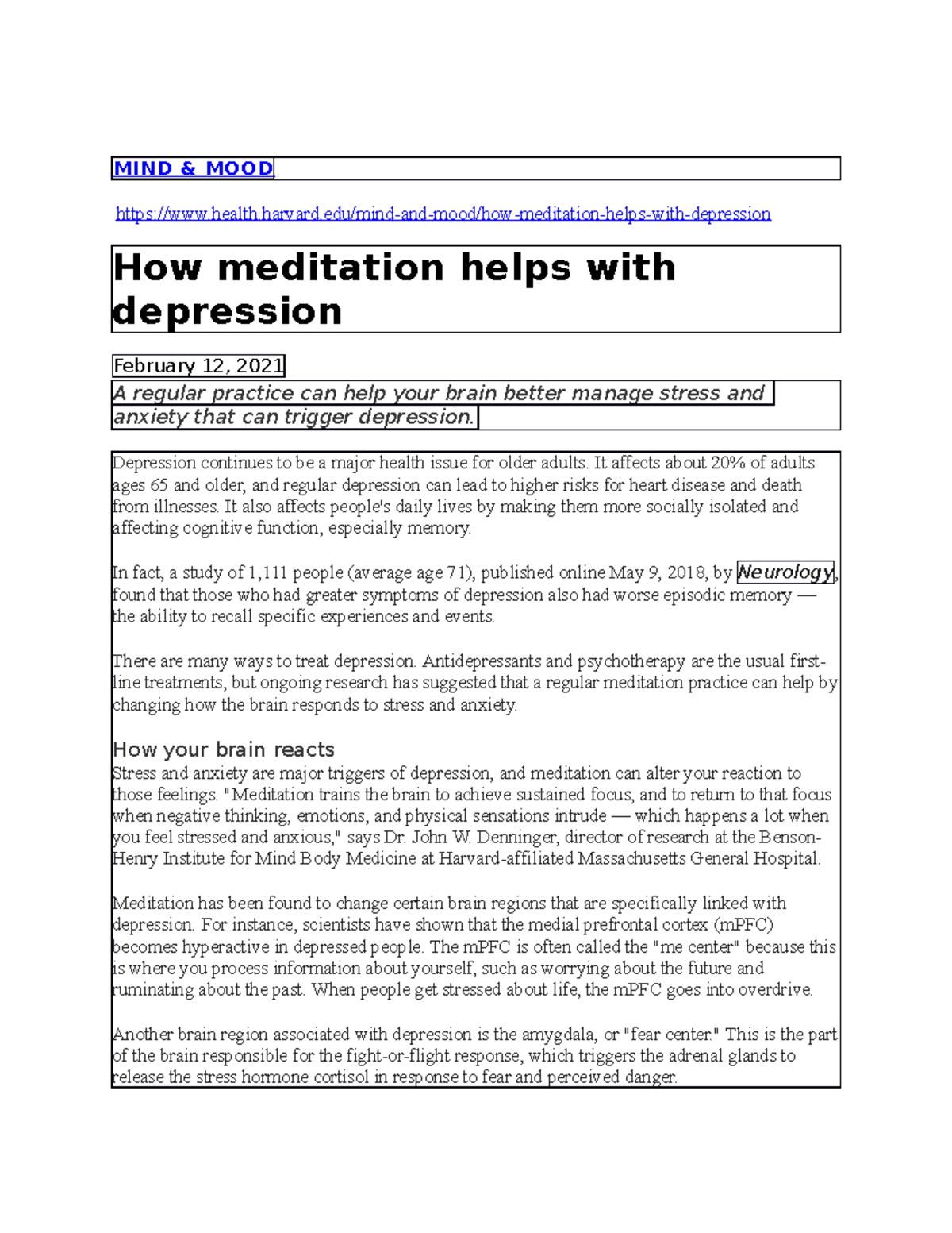 Harvard Article - bcgh - MIND & MOOD - Studocu