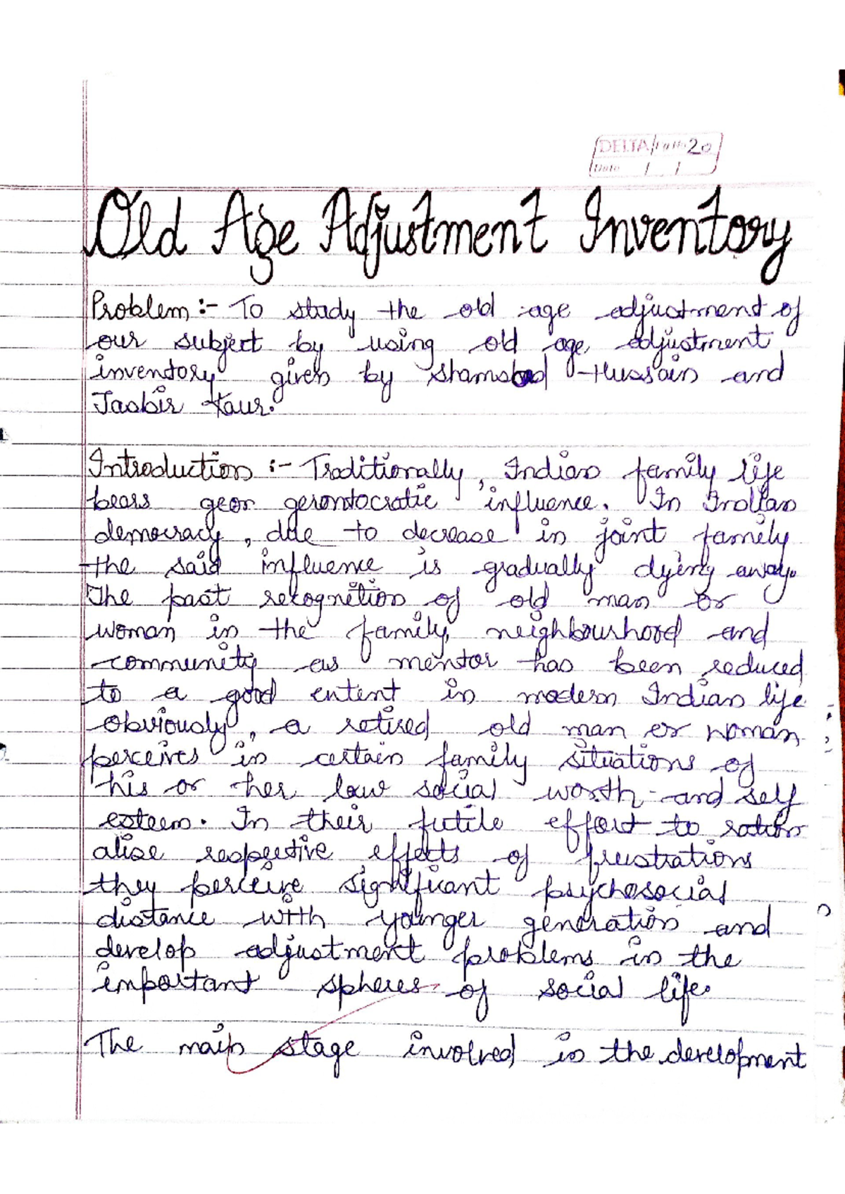 Old age inventory - practial file on social psychology - No 20 Date ...