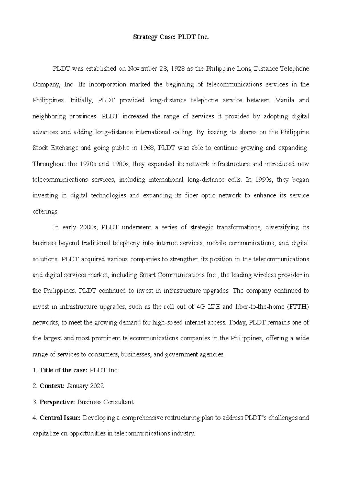 CASE STUDY OF PLDT - Strategy Case: PLDT Inc. PLDT was established on ...
