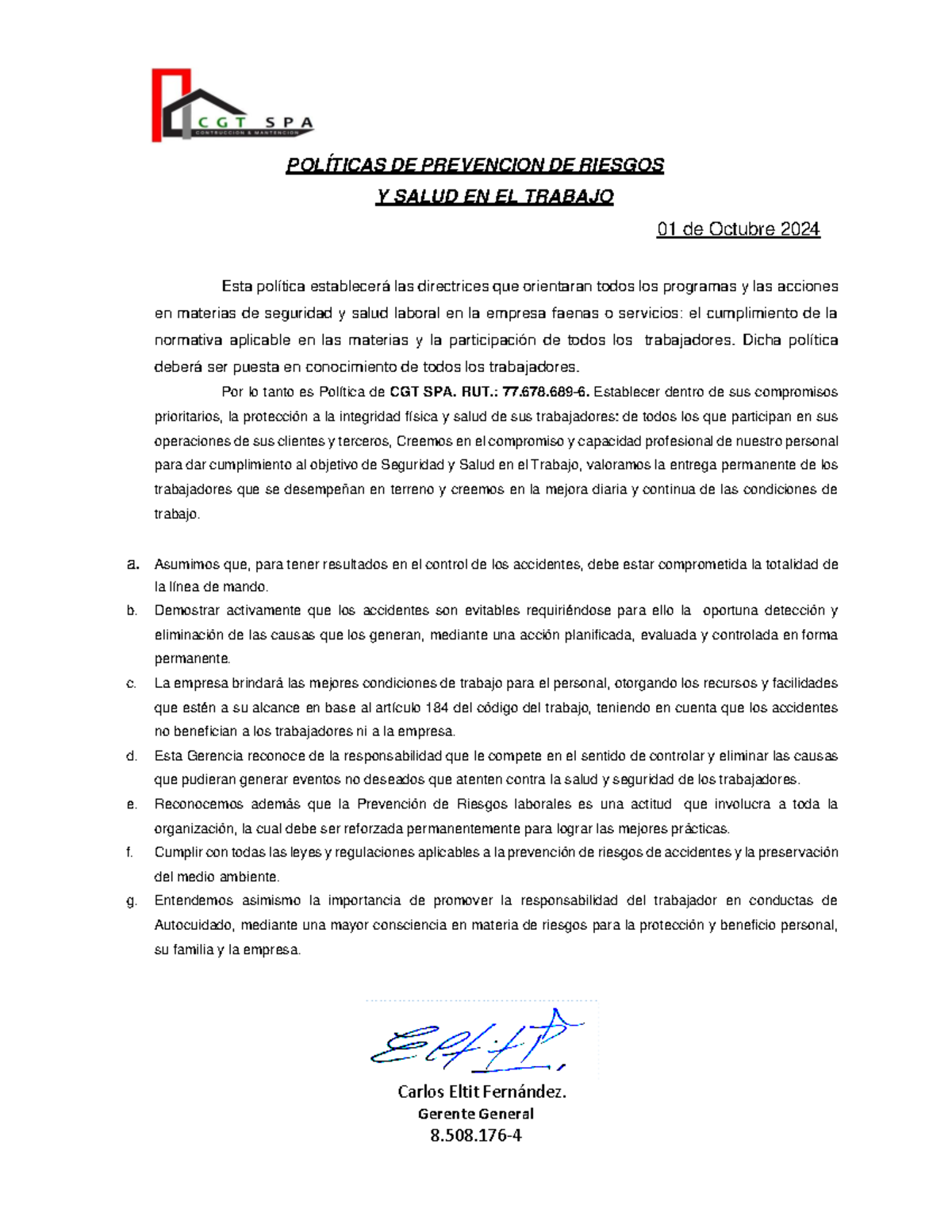 Políticas DE Prevencion DE Riesgos cgt spa - POLÍTICAS DE PREVENCION DE ...