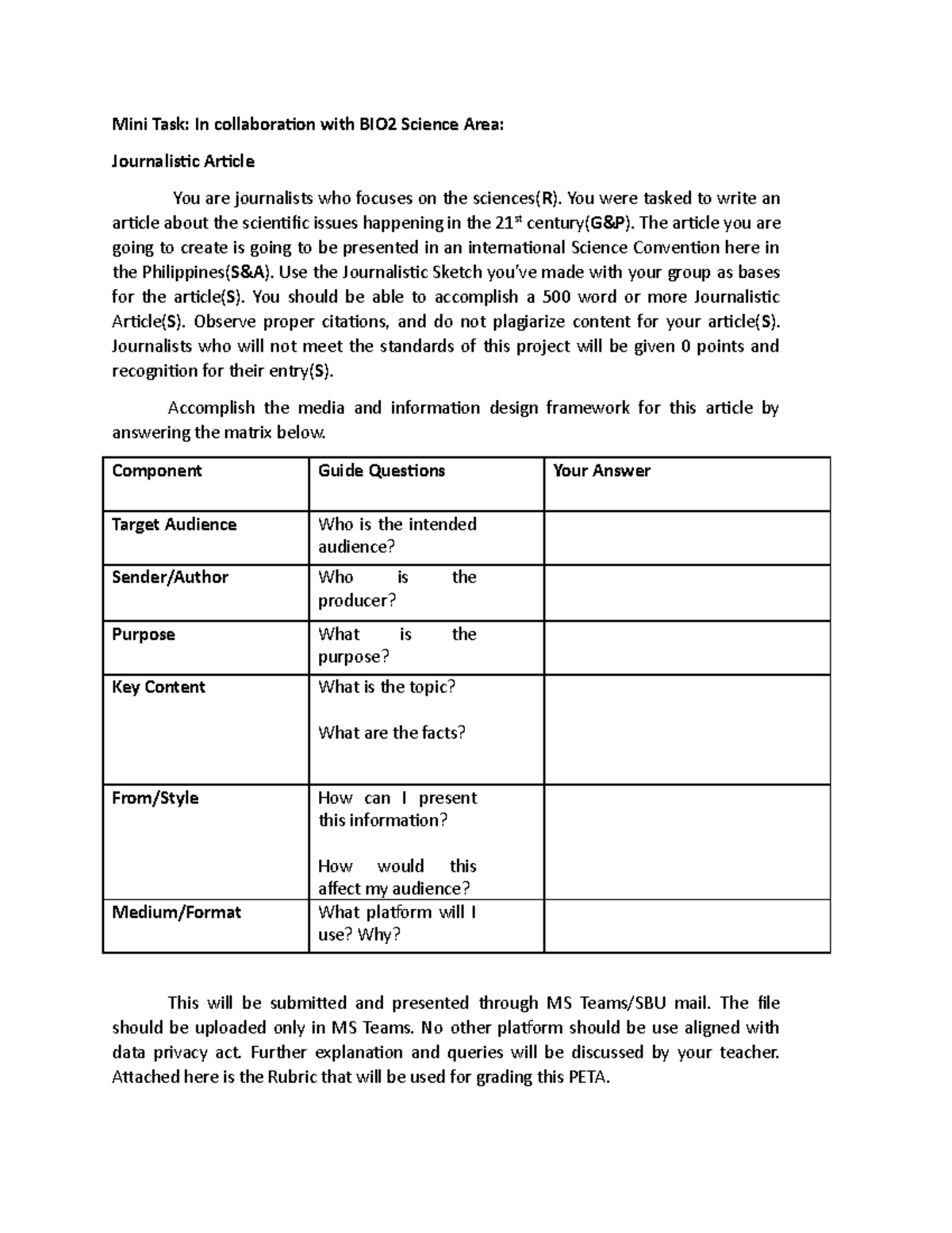 Mini Task & PETA MIL MEDIA AND LITERACY - Mini Task: In collaboration ...