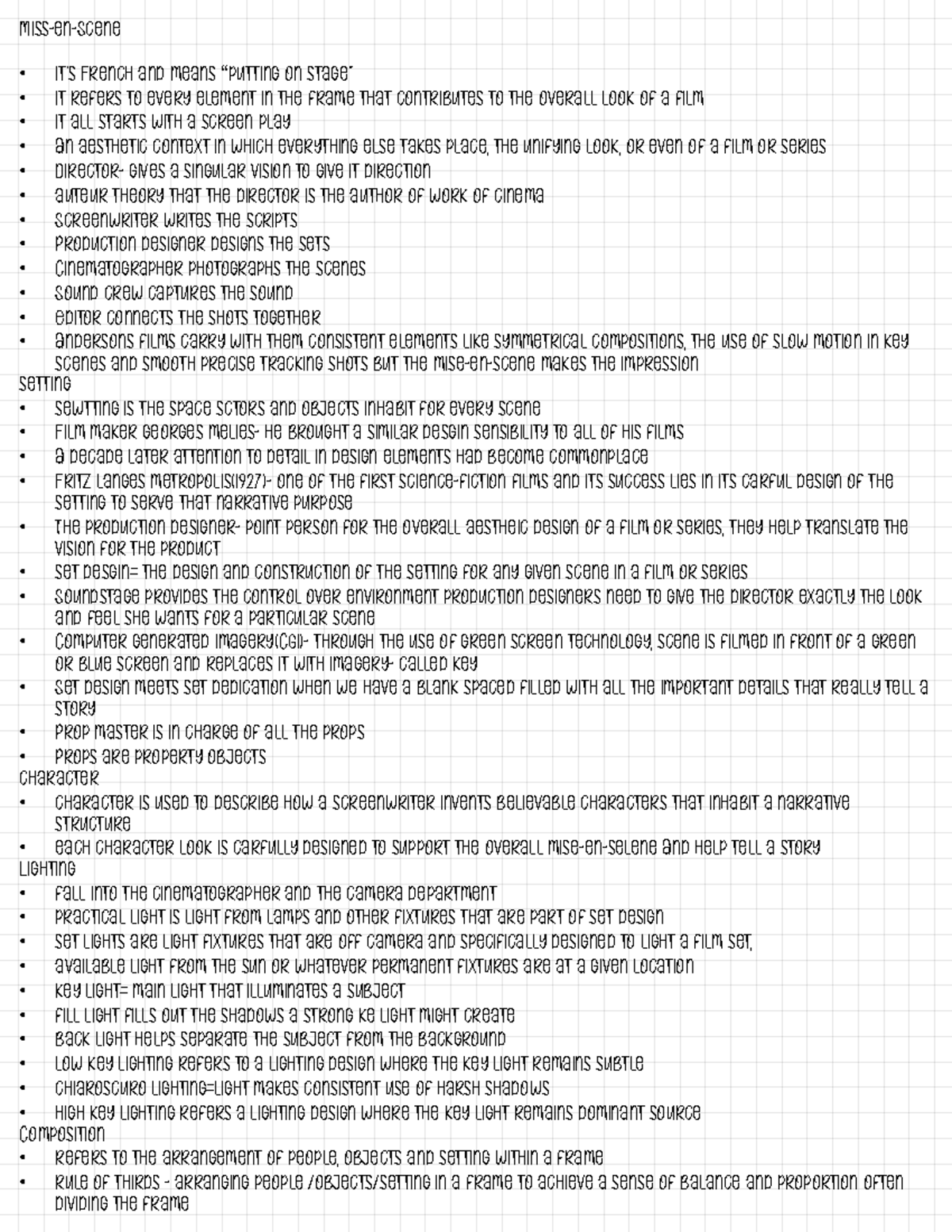 Film ch 3 - film chapter - Miss-en-Scene it’s French and means “putting ...