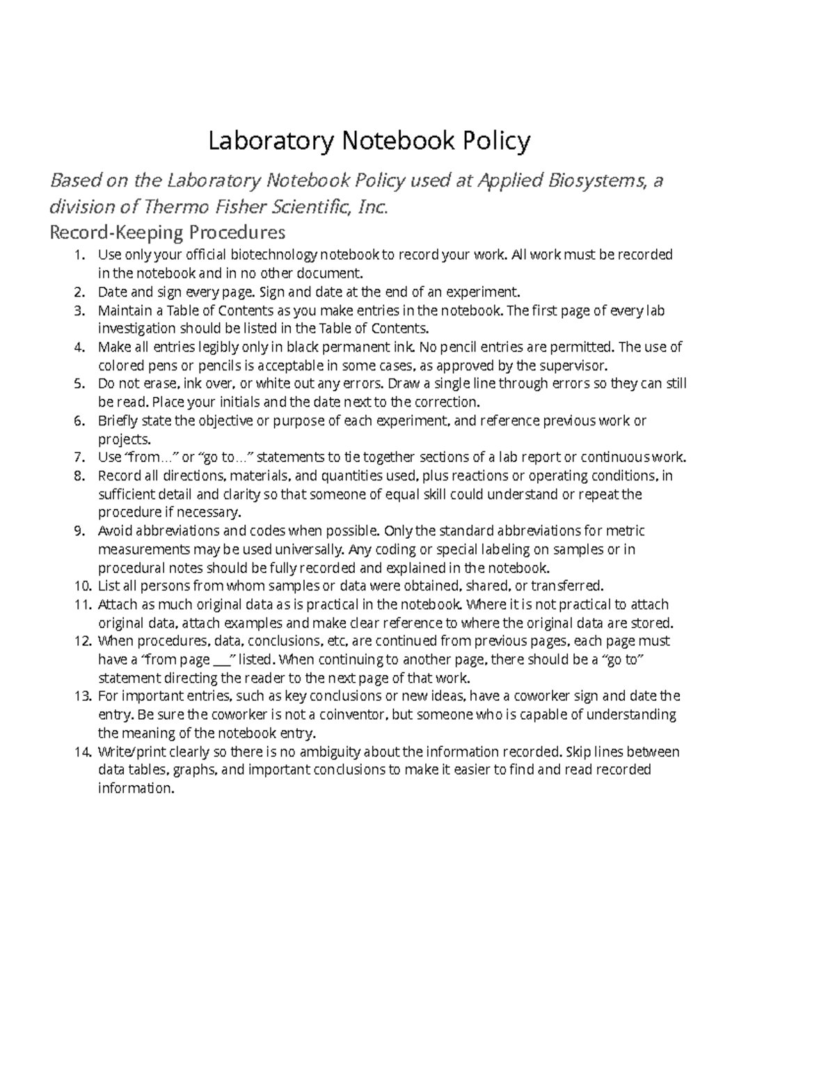 Laboratory Notebook Policy - Record-Keeping Procedures Use only your ...