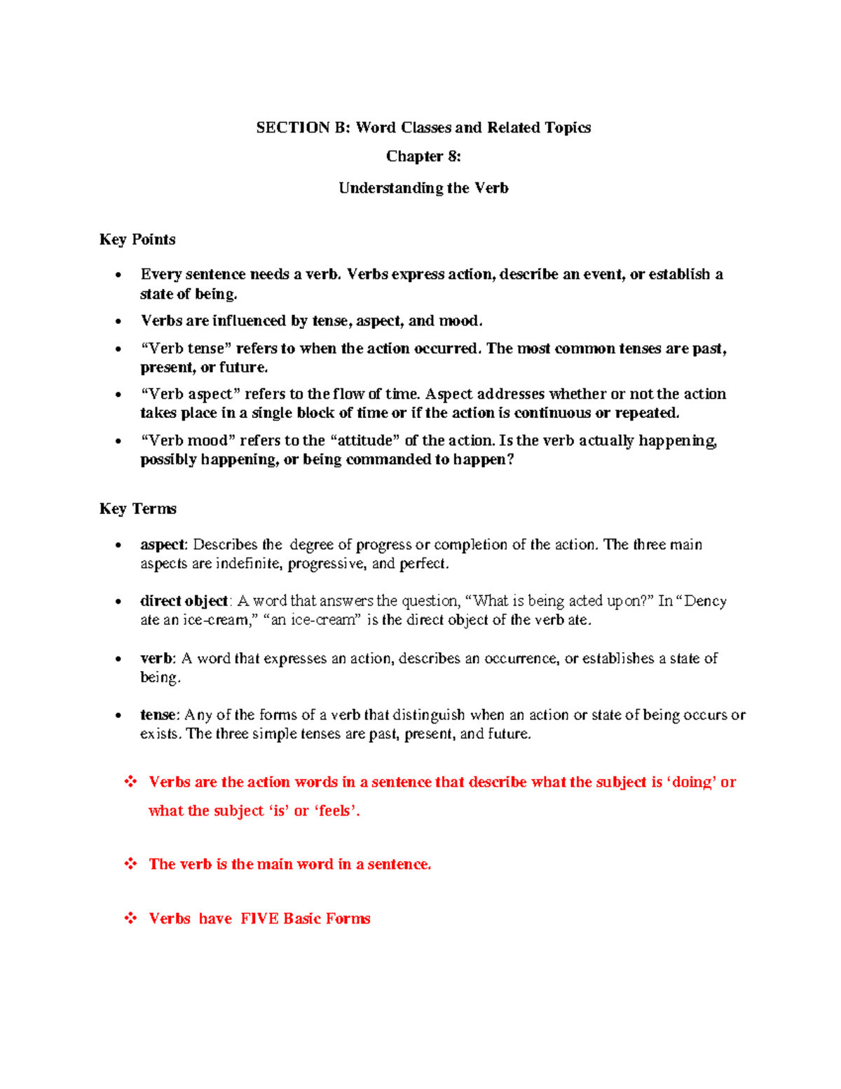 Chapter 8 Understanding the Verb - SECTION B: Word Classes and Related ...