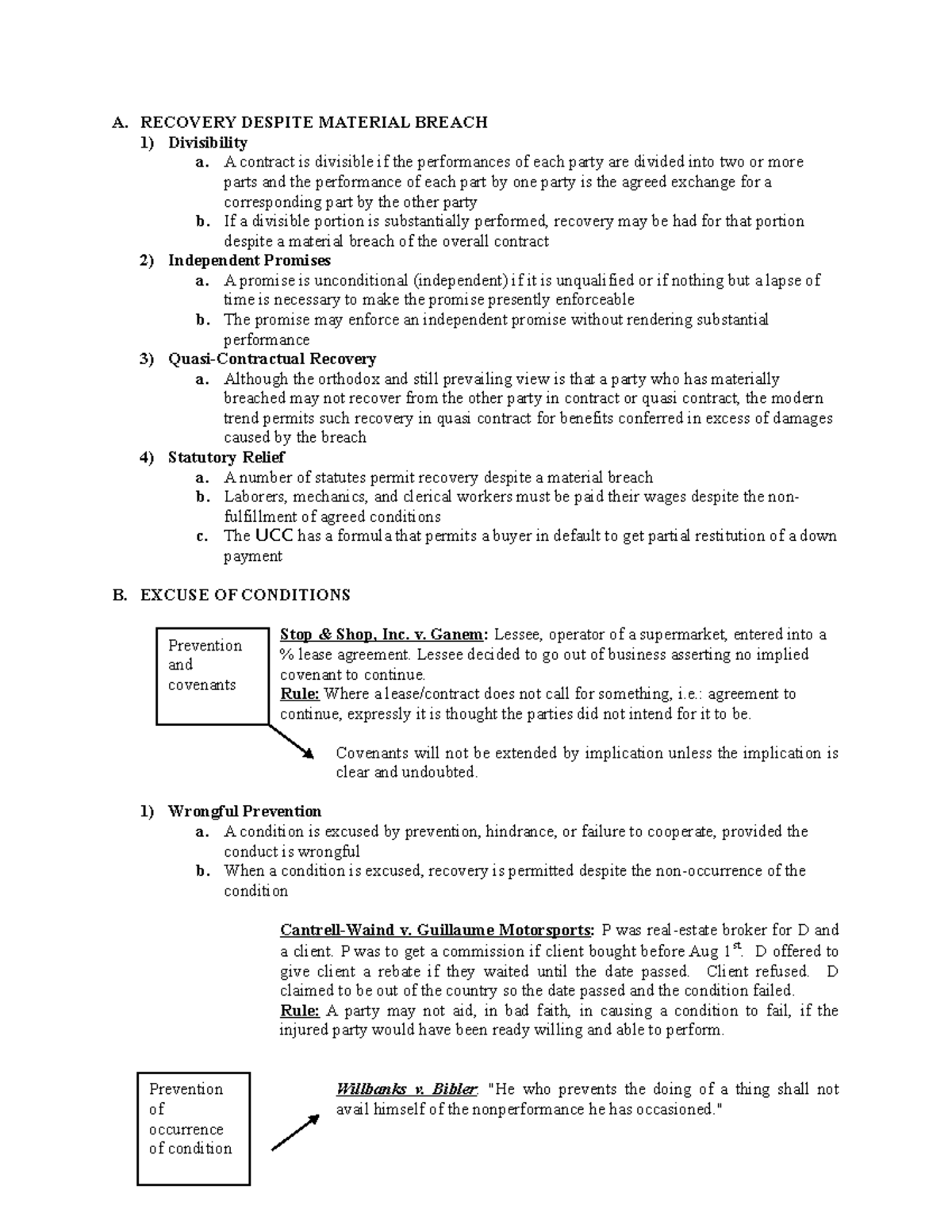 Contract Law Outline - 1 - A. RECOVERY DESPITE MATERIAL BREACH ...