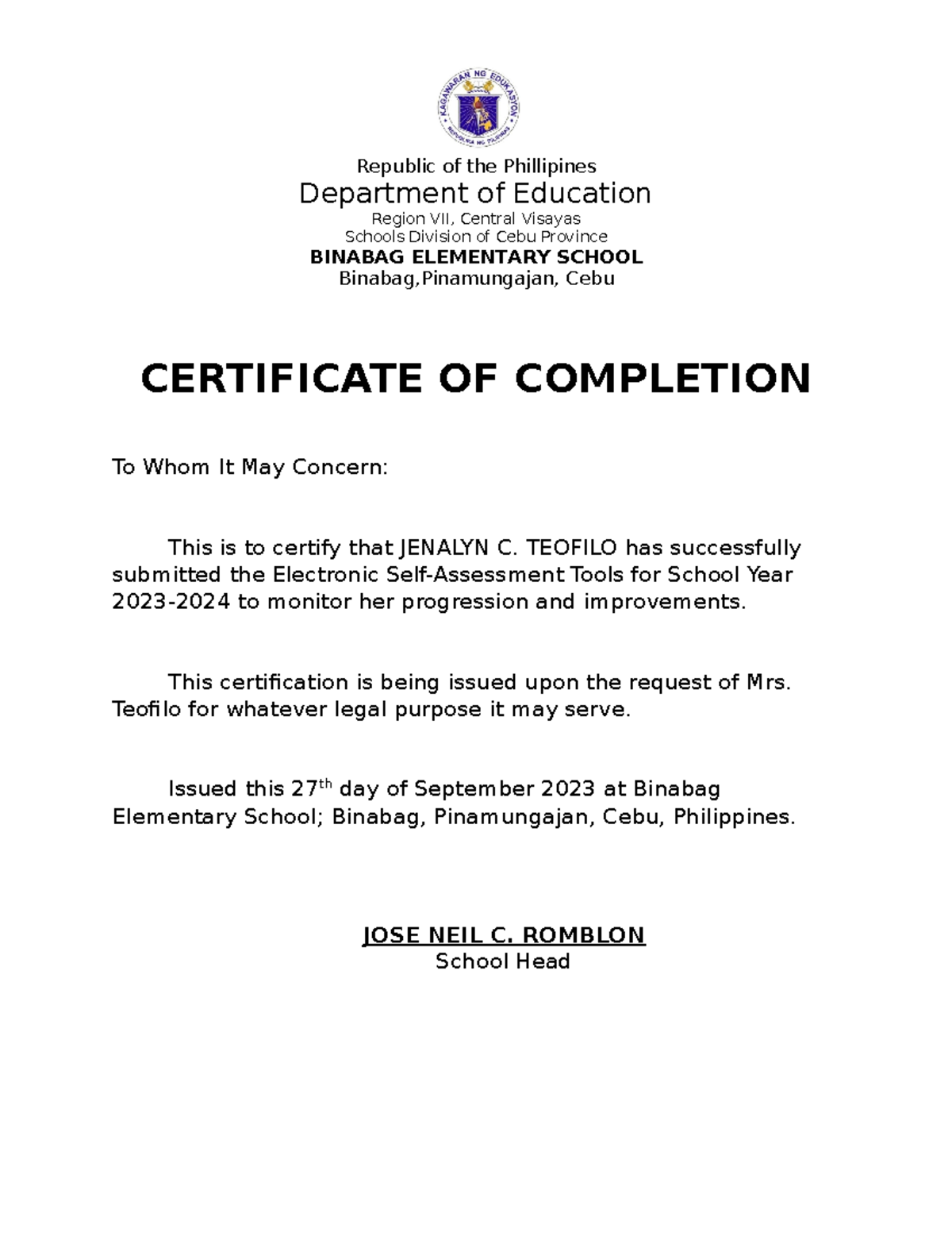 Binabag ict Certification - Republic of the Phillipines Department of ...