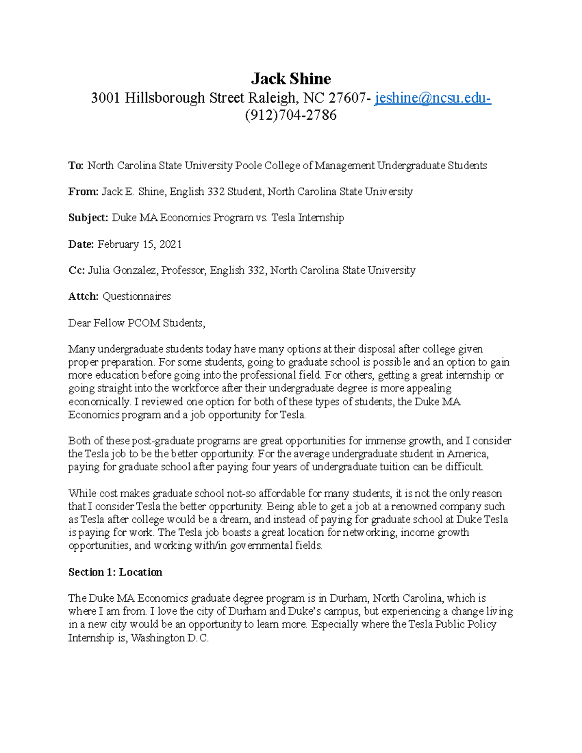 Assignment 2 - Memo format - Jack Shine 3001 Hillsborough Street ...