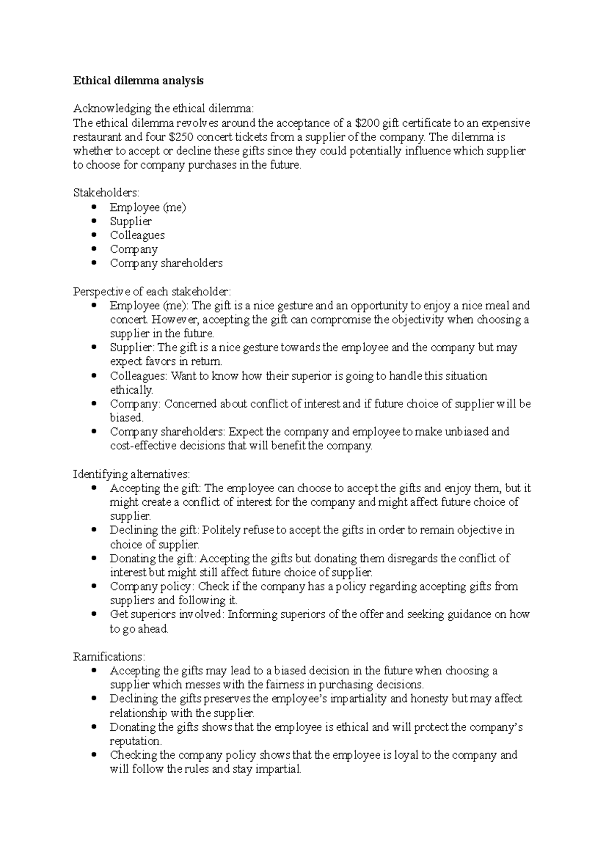 Ethical dilemma assignment 2 - Ethical dilemma analysis Acknowledging ...