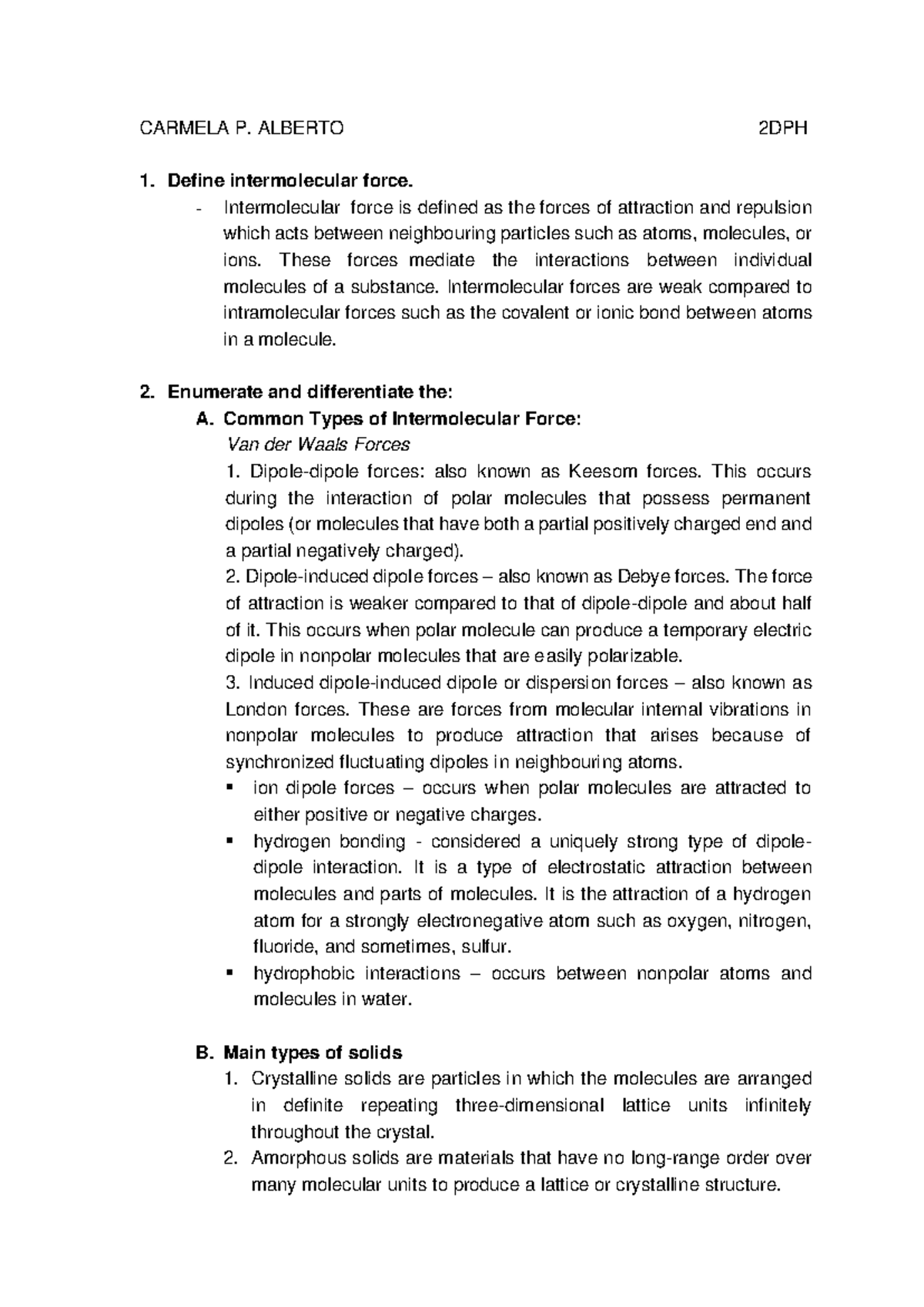 Alberto Assignment 2 - CARMELA P. ALBERTO 2DPH 1. Define intermolecular ...