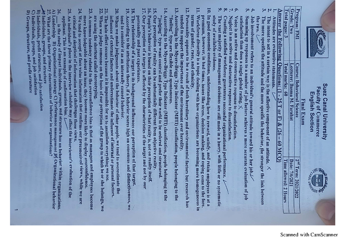 Ob fmi - organizational behavior fmi test - operation manegment ...
