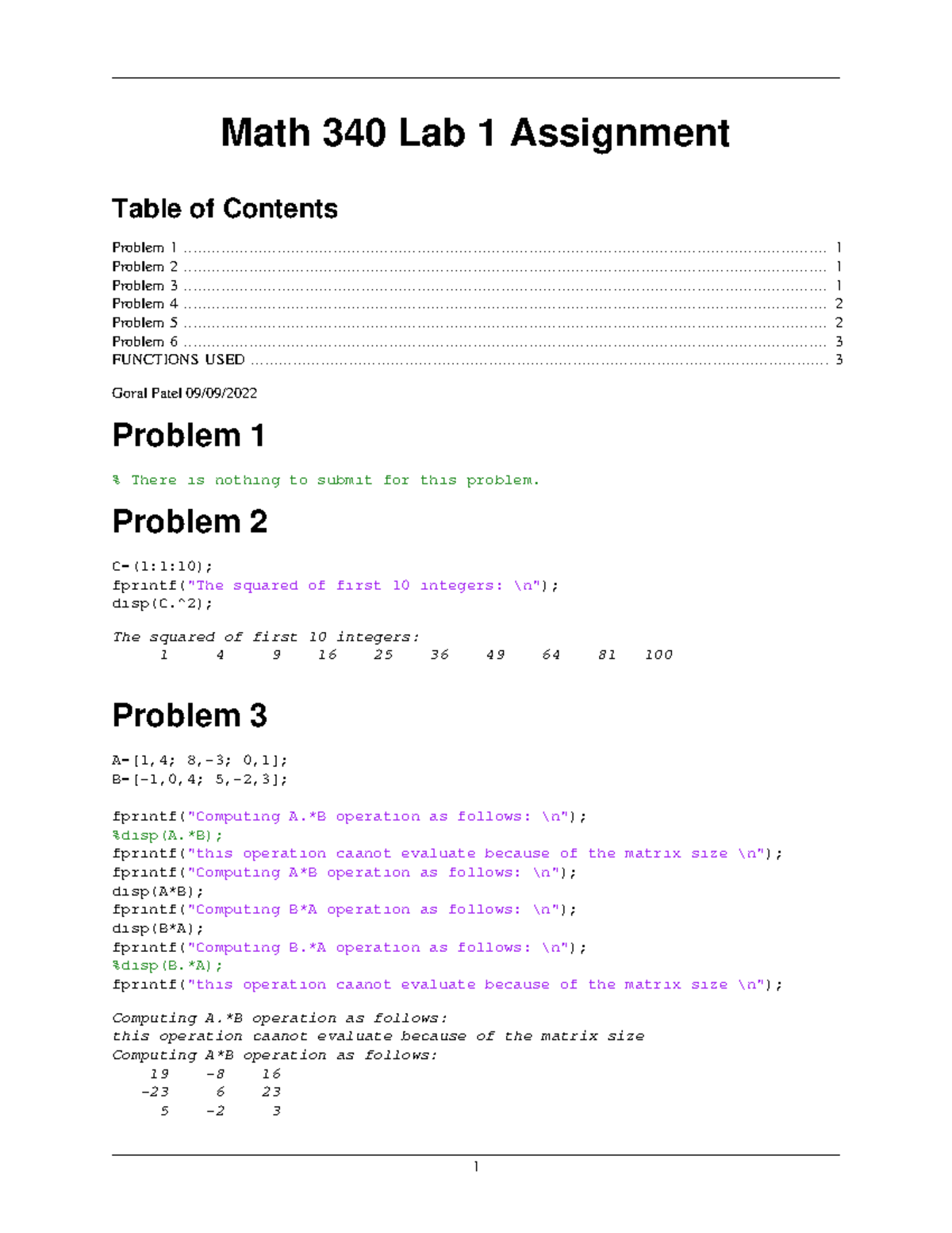 Math340 Lab1 Assignment - Math 340 Lab 1 Assignment Table of Contents Problem 1 - Studocu