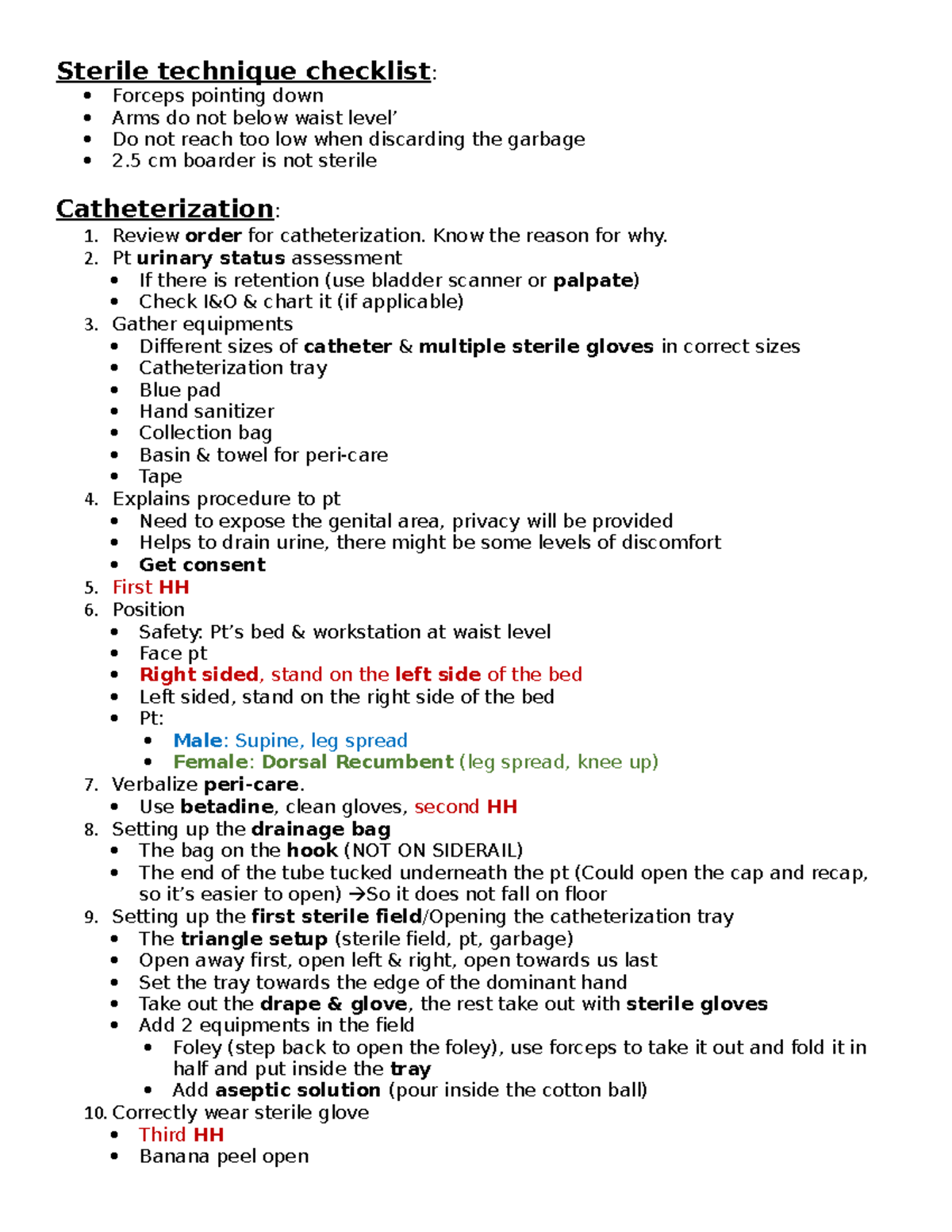 Catheterization checklist - Sterile technique checklist: Forceps ...