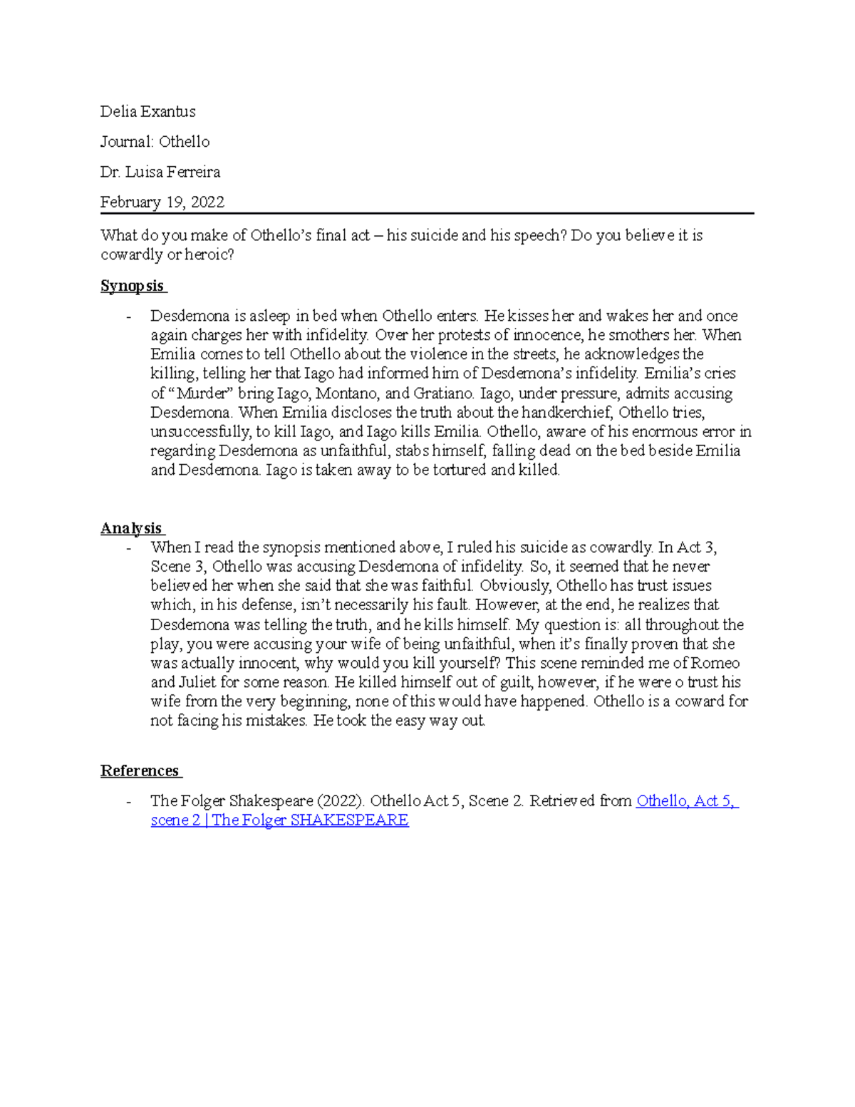 Journal - Othello - Delia Exantus Journal: Othello Dr. Luisa Ferreira ...