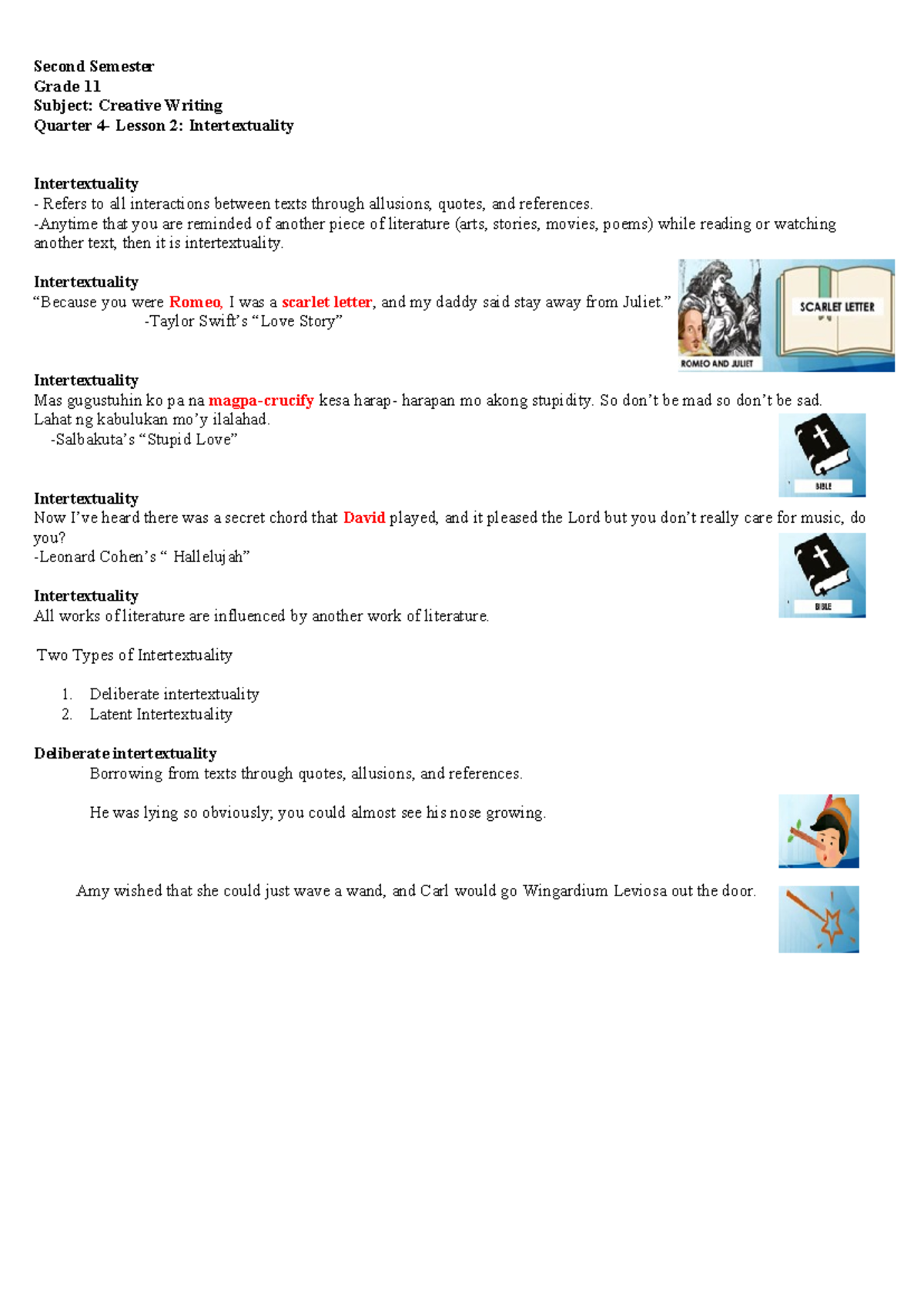 Intertextuality - Activity Sheets - Second Semester Grade 11 Subject ...