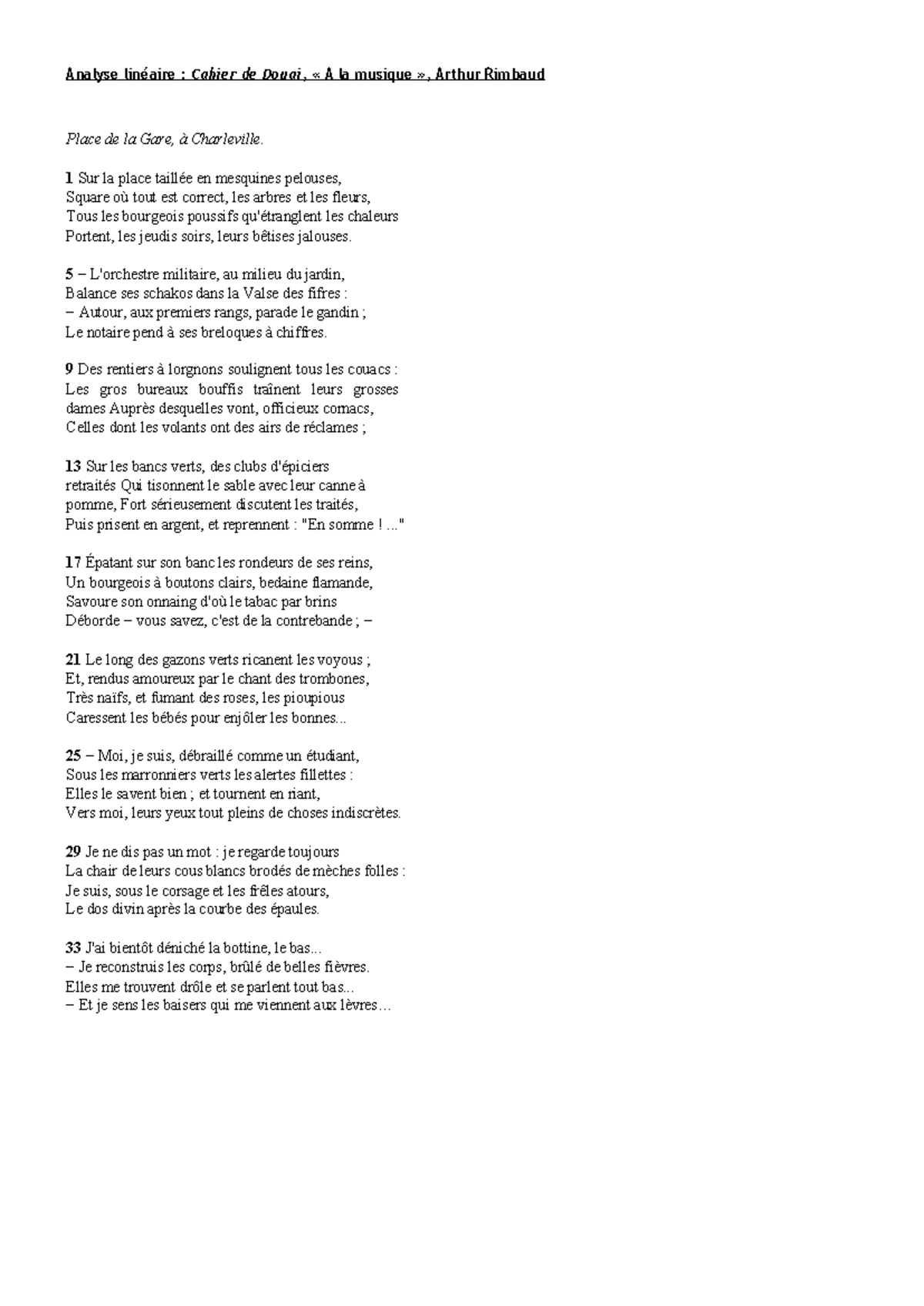 Analyse linéaire A la musique Rimbaud - Analyse linéaire : Cahier de Douai, « A la musique ...