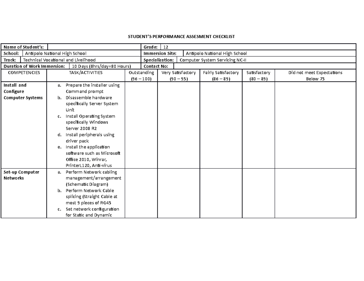 Student - .... - STUDENT’S PERFORMANCE ASSESMENT CHECKLIST Name of ...