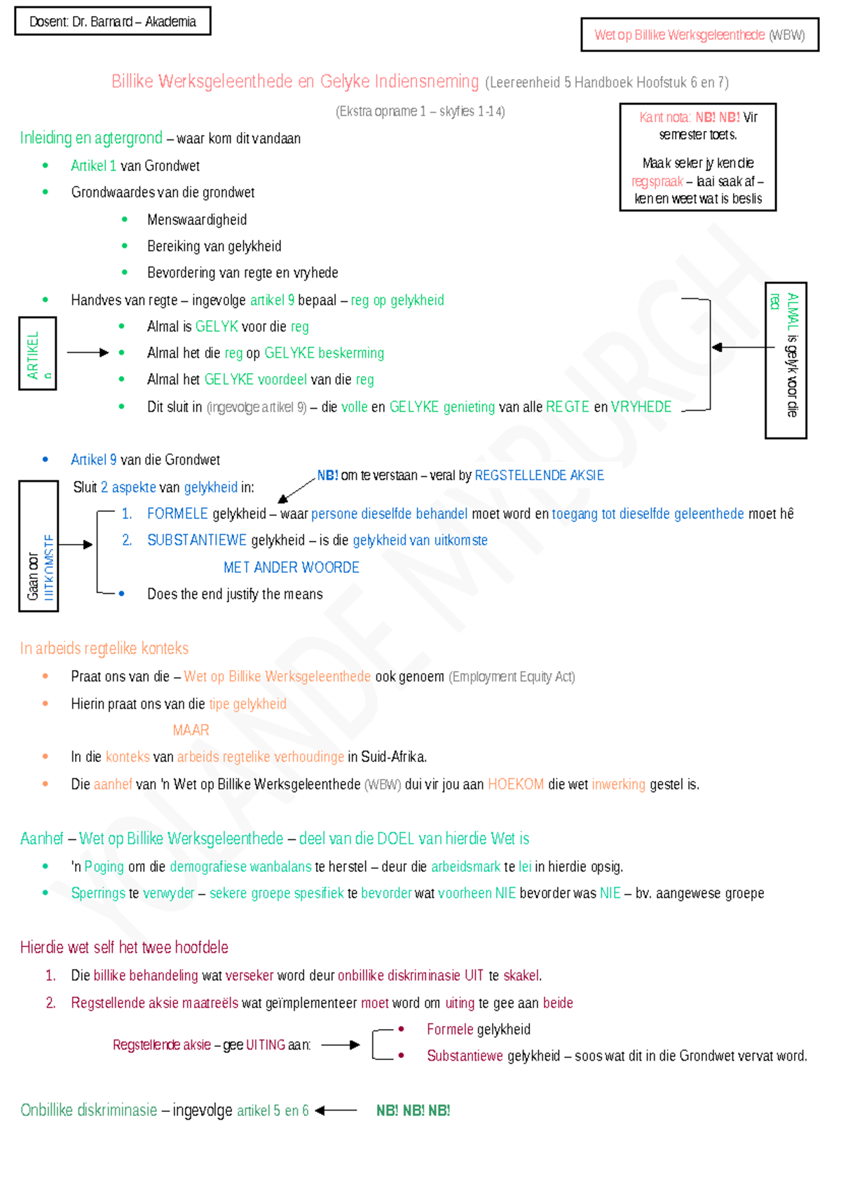 Rareg ekstra opname 1 - Labour Law - Billike Werksgeleenthede en Gelyke ...