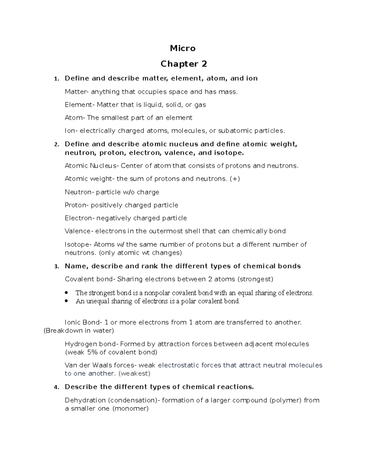 Micro chapters 1-5 - Micro Chapter 2 Define and describe matter, element, atom, and ion Matter ...