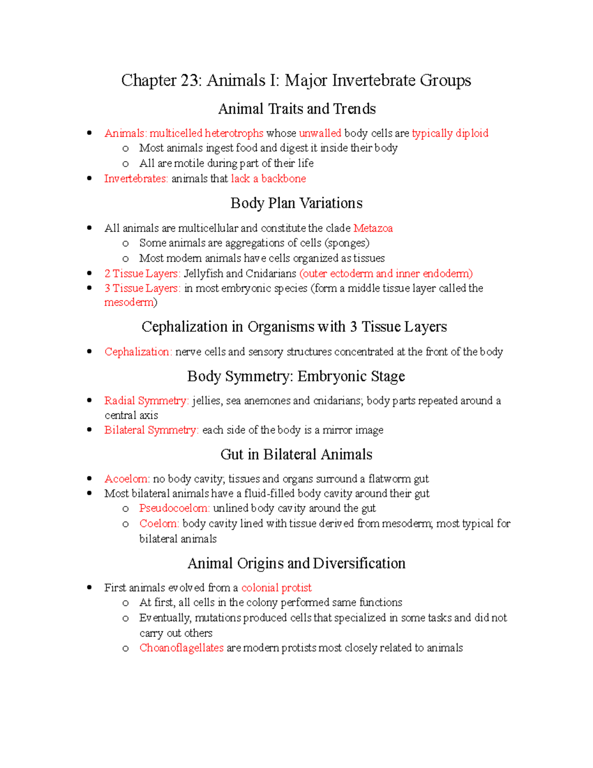 BIOL 101 Module 18 Lecture Notes - Chapter 23: Animals I: Major ...