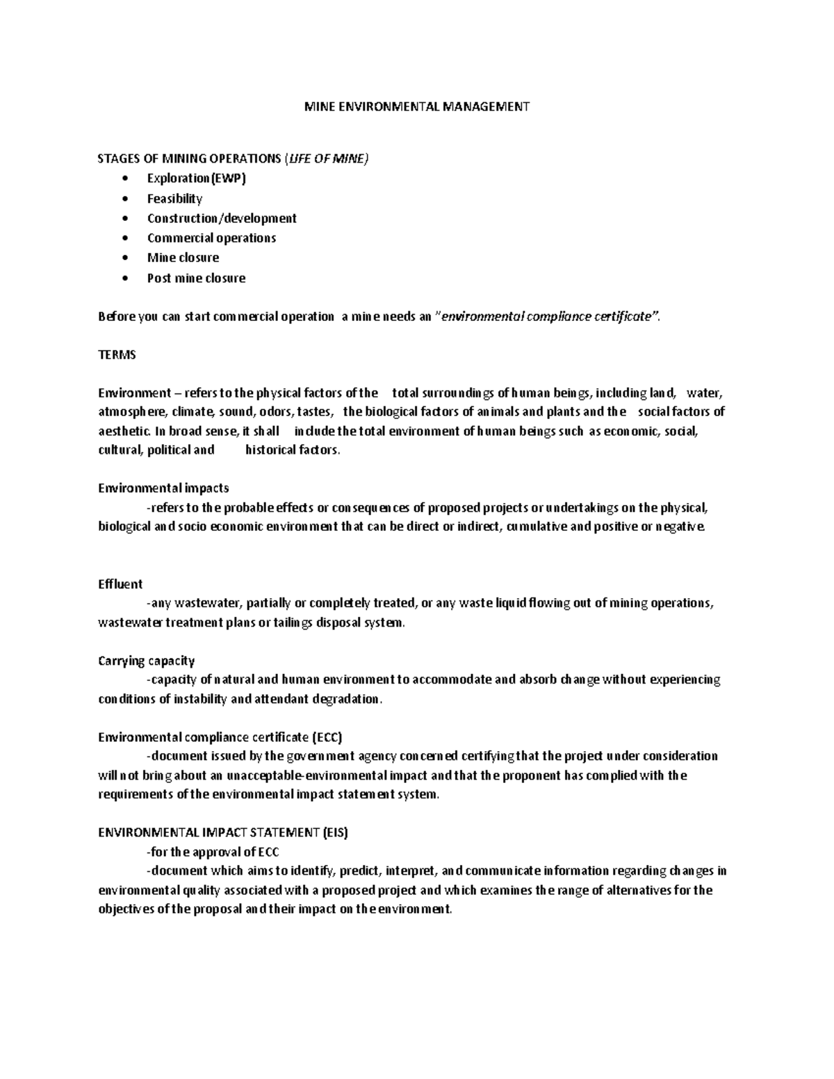 Mine Environmental Management - MINE ENVIRONMENTAL MANAGEMENT STAGES OF ...