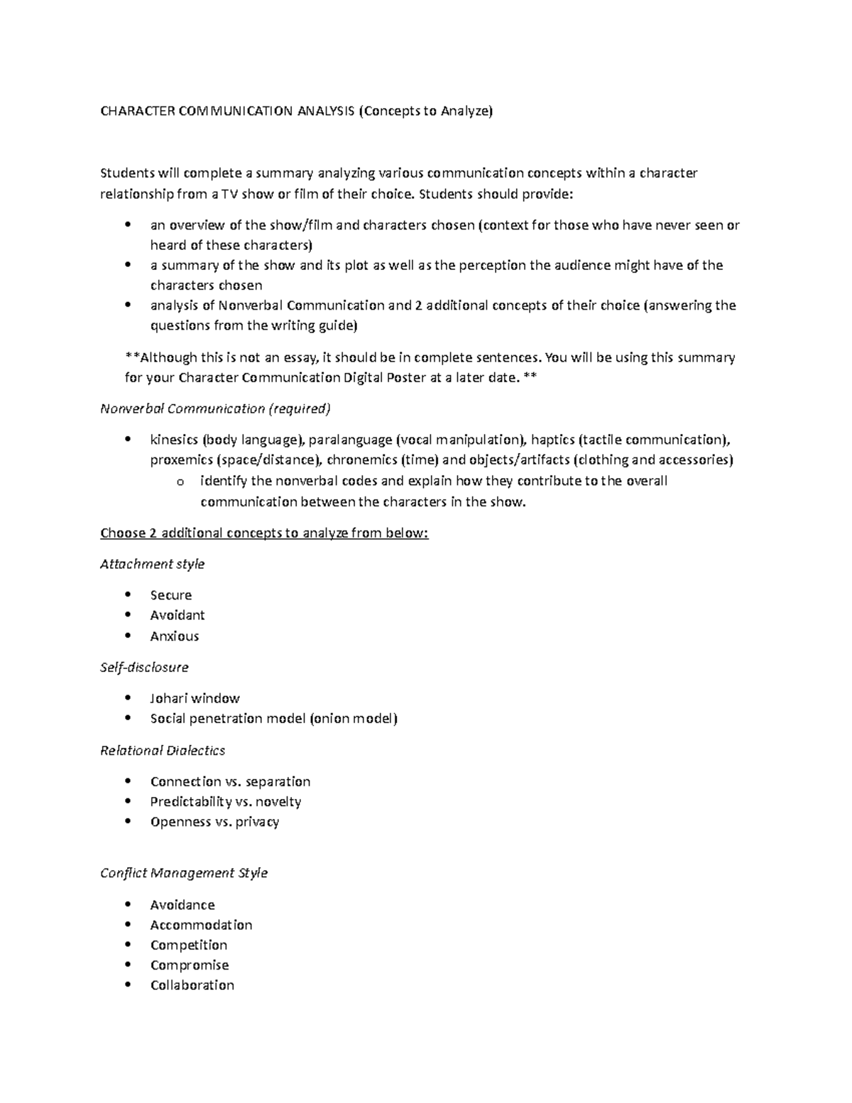 Concepts to Analyze (character comm summary) - CHARACTER COMMUNICATION ...
