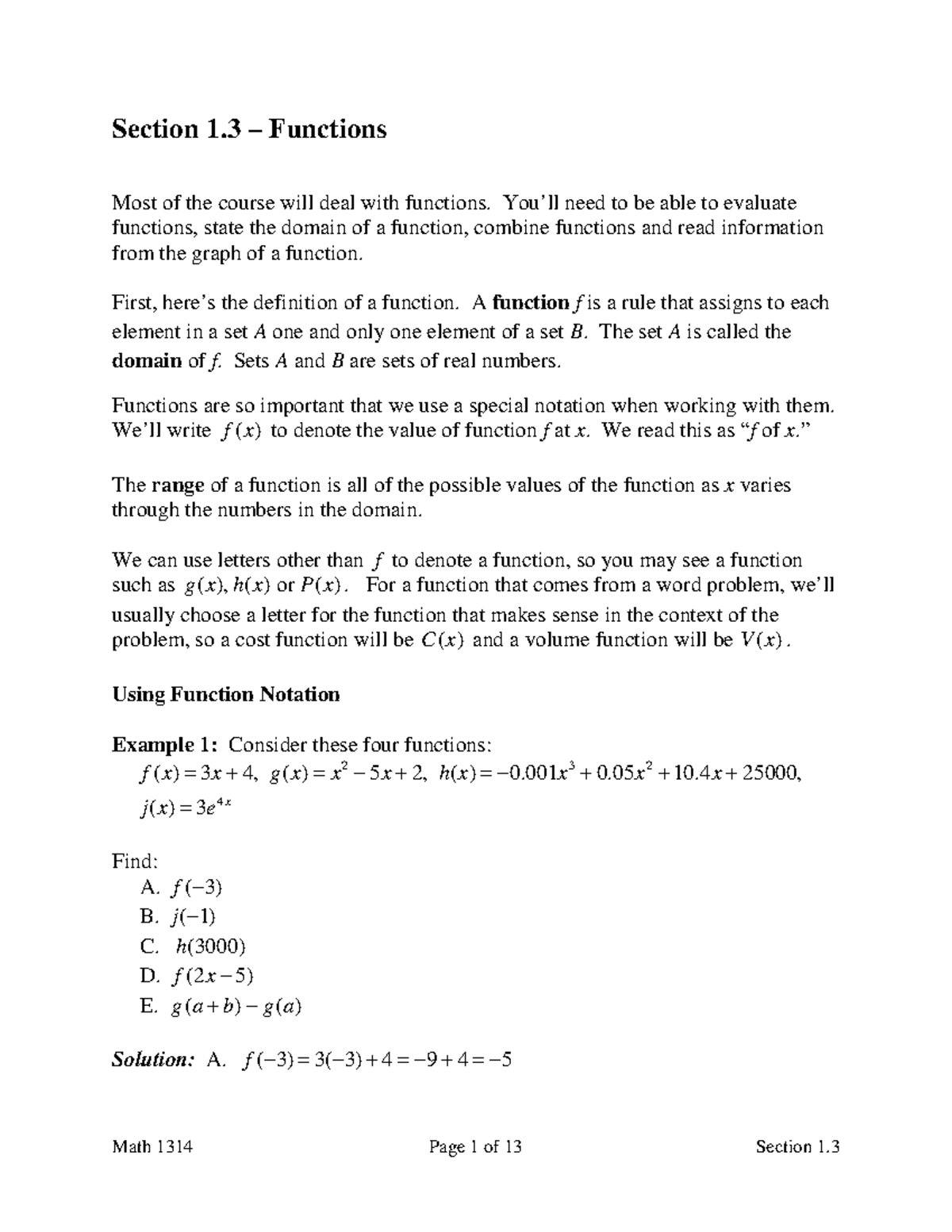 Functions Section 1.3 - Section 1 – Functions Most of the course will ...
