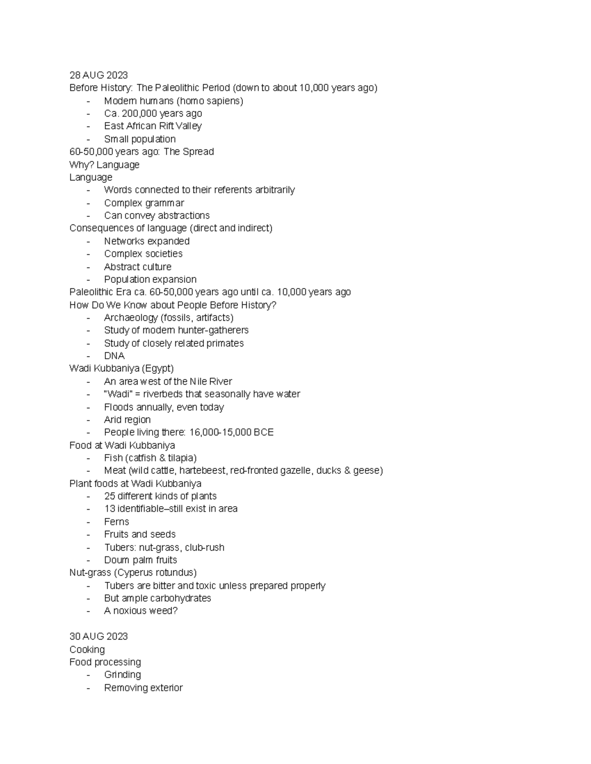 HIST 261 Notes UNIT ONE - 28 AUG 2023 Before History: The Paleolithic ...