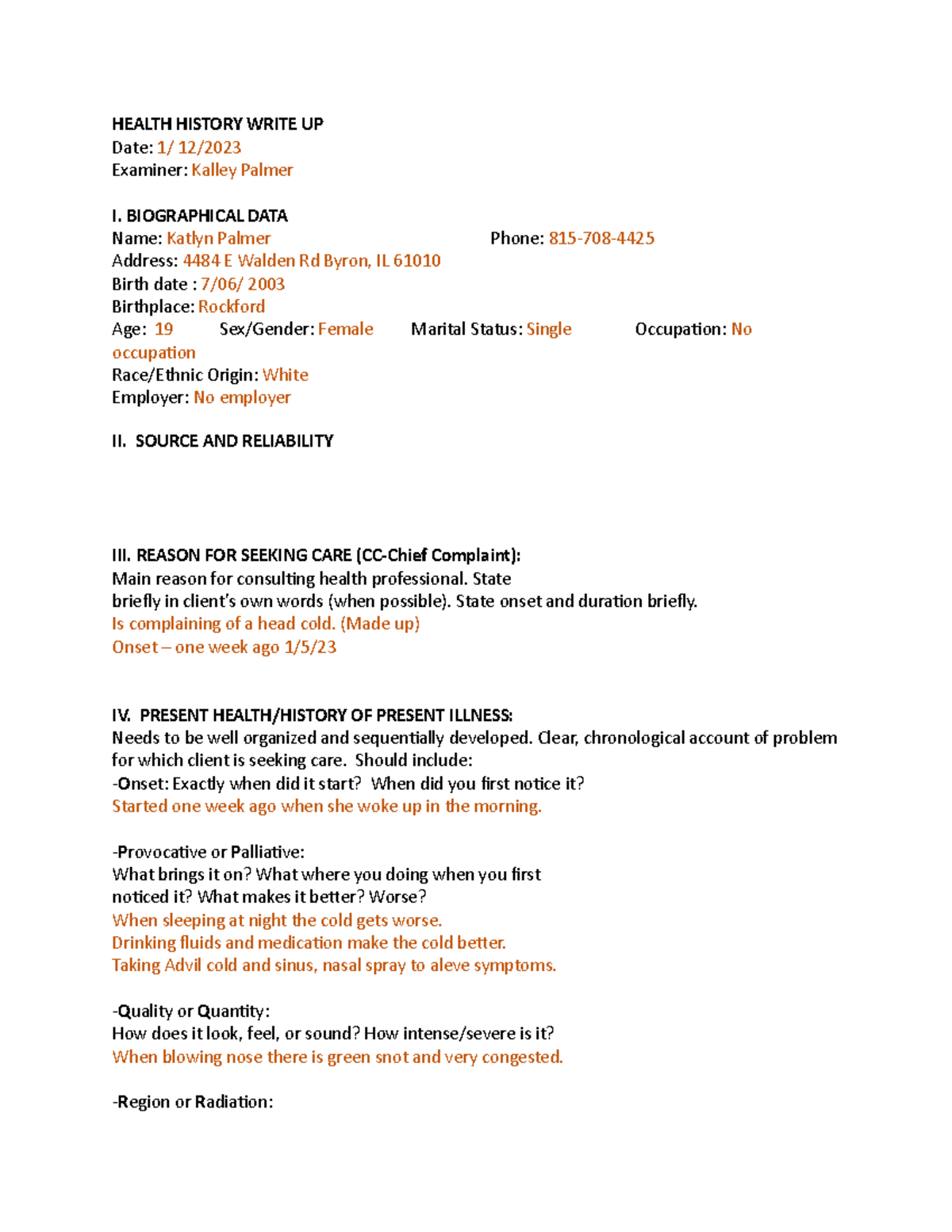 N302 Health History write up - HEALTH HISTORY WRITE UP Date: 1/ 12 ...