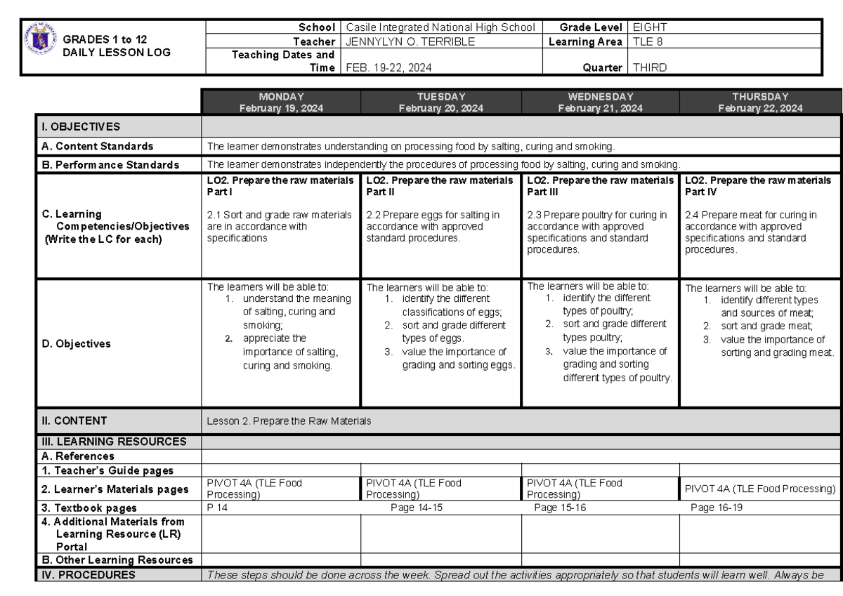 DLL Grade 8 Week1 - Lesson plan - GRADES 1 to 12 DAILY LESSON LOG ...