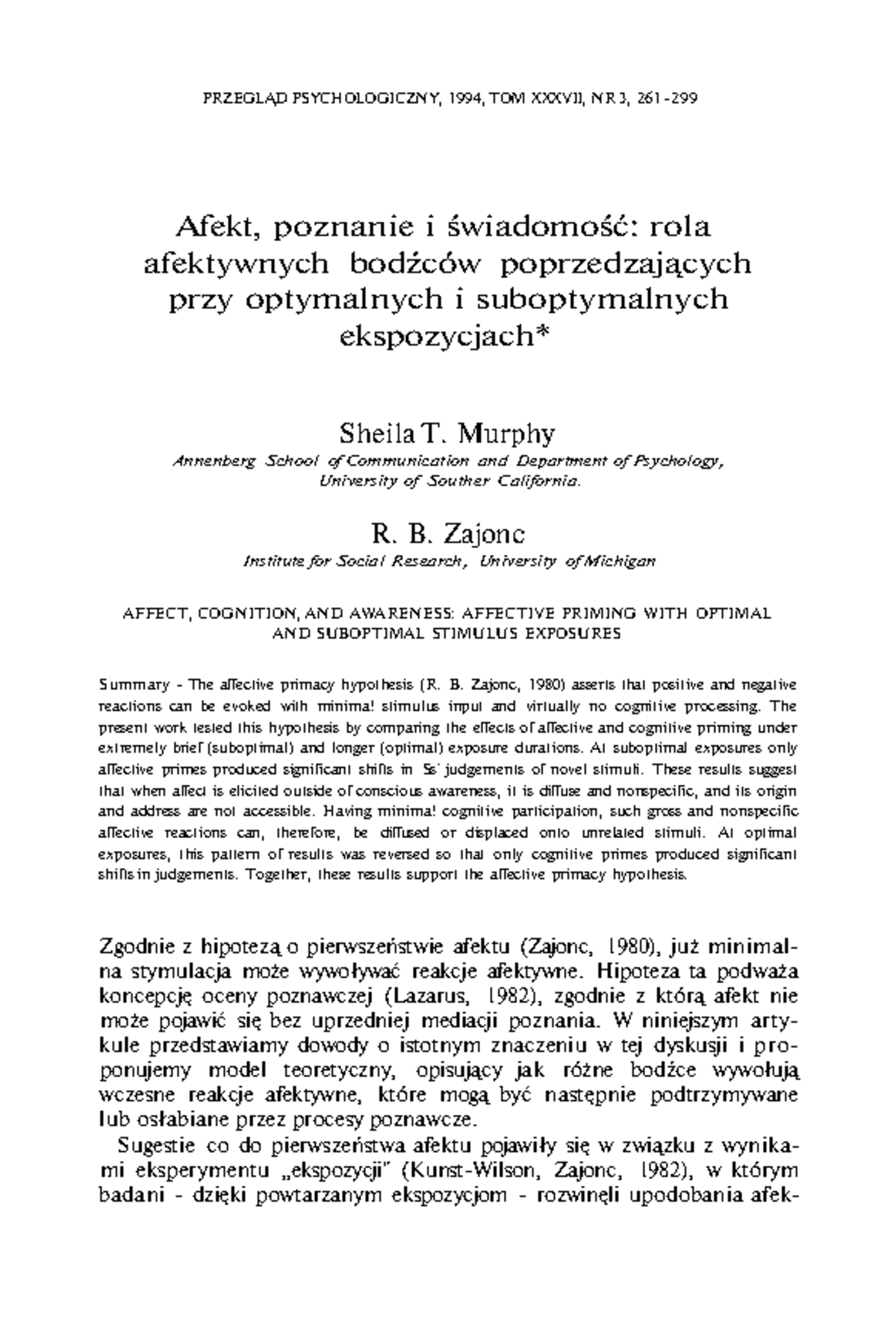 Murphy S. T., Zajonc R. B., Afekt, poznanie i świadomość, Przeg Psych ...