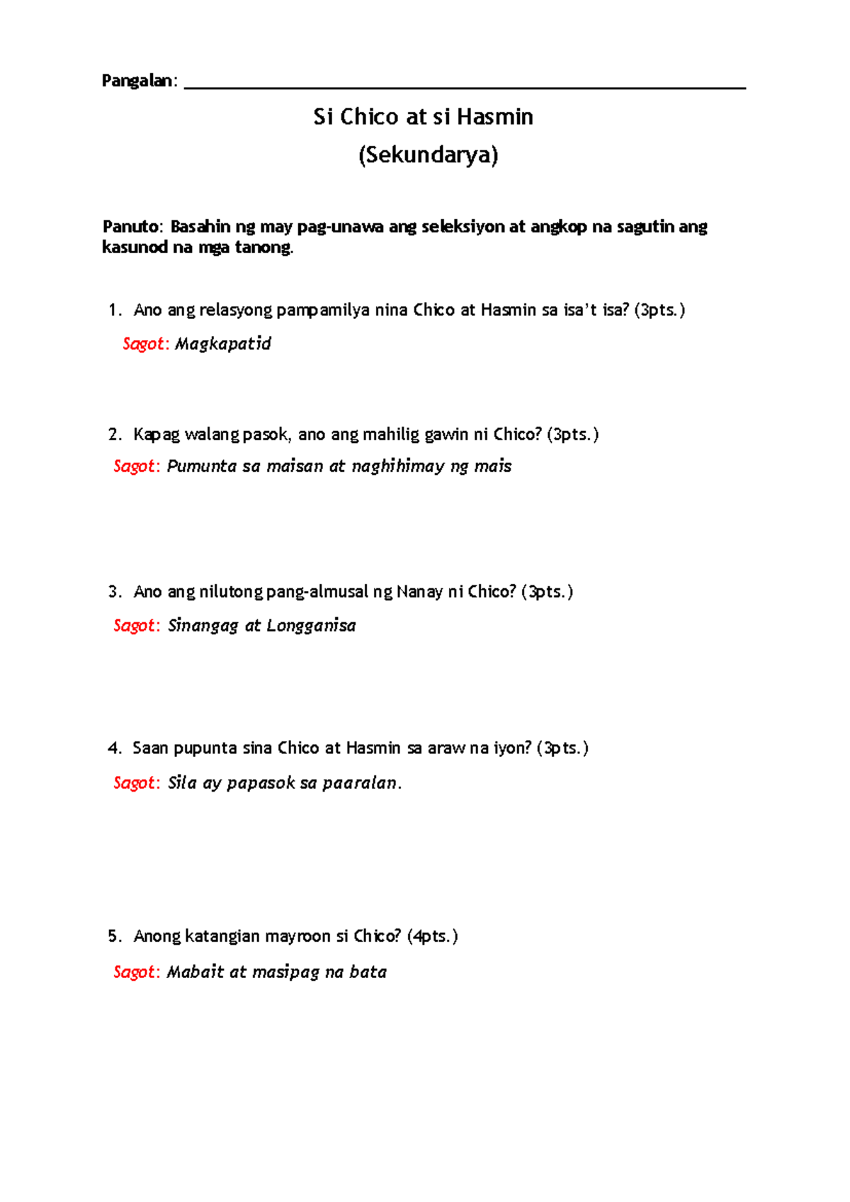 Written EXAM Filipino PPA5 Questionnaire - Si Chico at si Hasmin ...