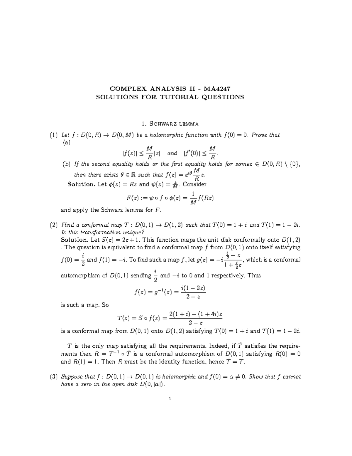 Sol Schwarz lm - theory of functions of a complex variable - COMPLEX ANALYSIS II - MA SOLUTIONS ...