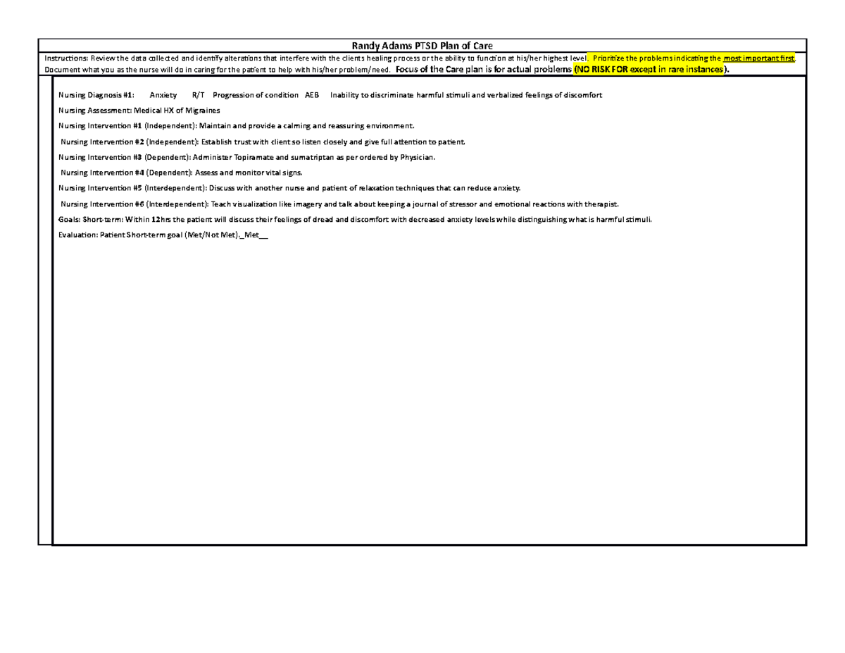 Randy Adams Plan of Care - Randy Adams PTSD Plan of Care Instructions ...
