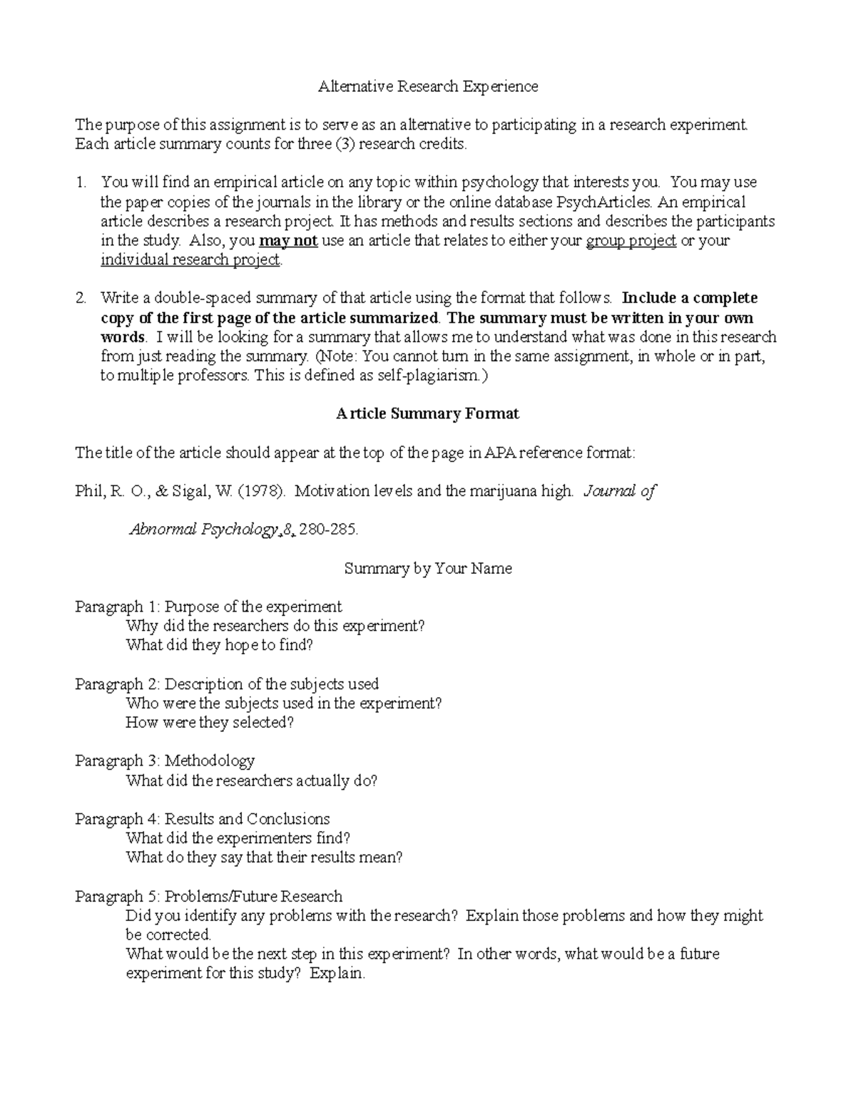 Alternative Research Experience - Each article summary counts for three ...