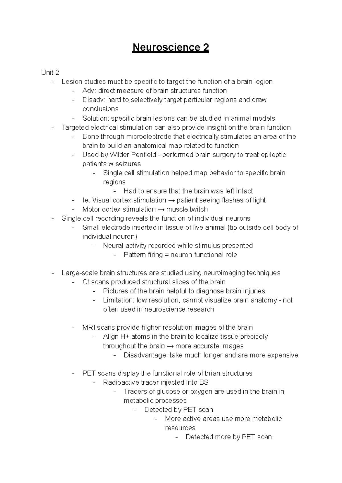 Neuroscience 2 - psych notes - Neuroscience 2 Unit 2 - Lesion studies ...