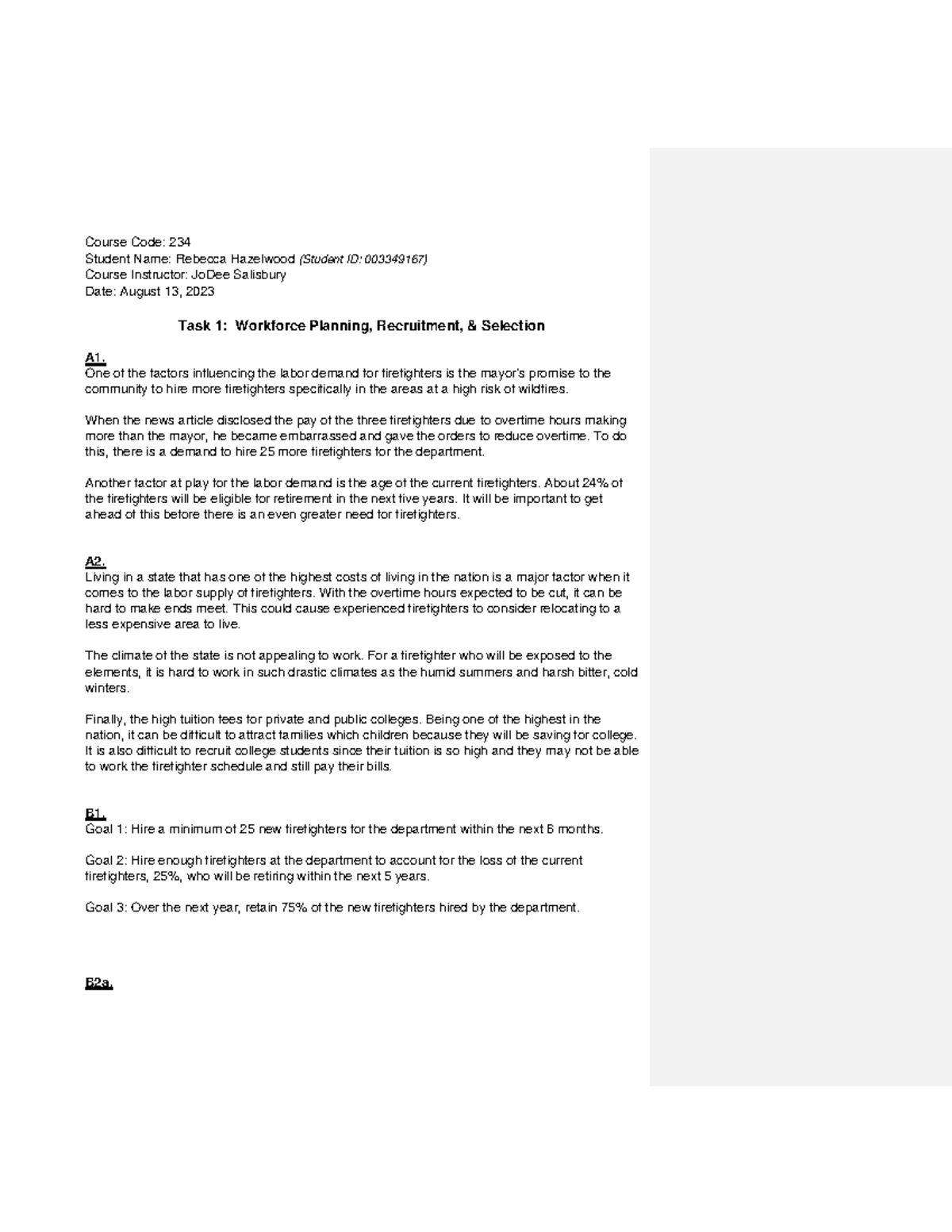 C234 - Task 1 - n/a - Course Code: 234 Student Name: Rebecca Hazelwood ...