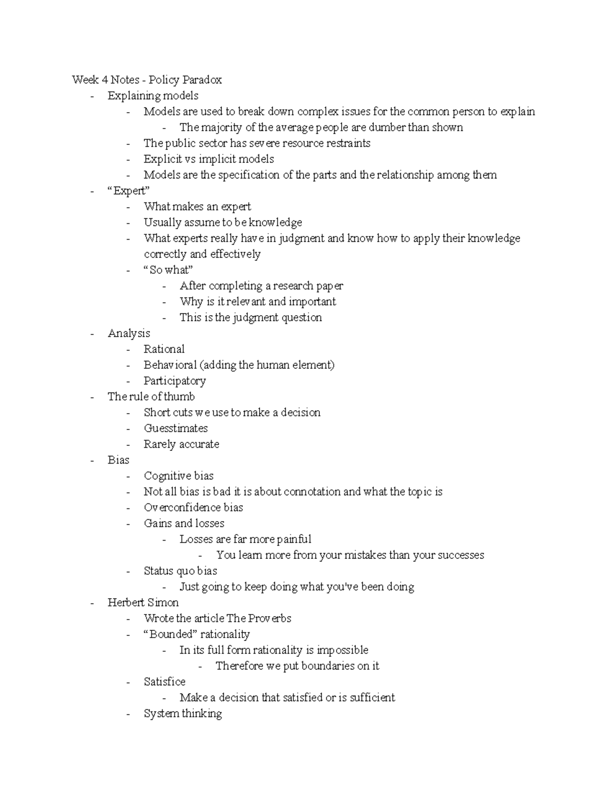 Week 4 Decision Making In Public Affairs Class Lecture Notes Week 4 Notes Policy Paradox