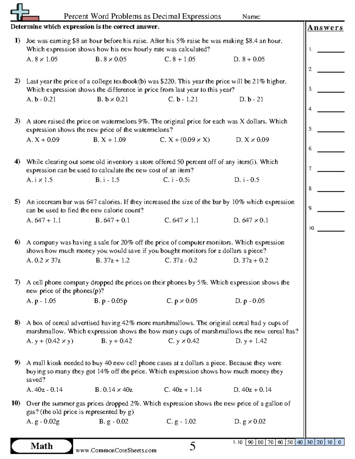 Percent word problems as decimal expressions - 1) Joe was earning $8 an ...