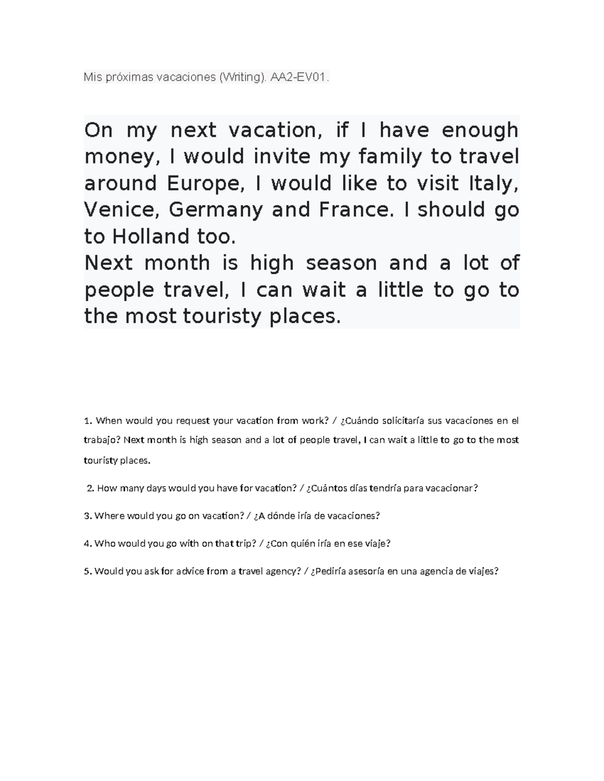 Mis próximas vacaciones - Mis próximas vacaciones (Writing). AA2-EV01 ...