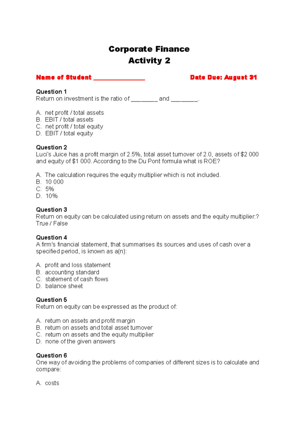 Activity 2 student - Corporate Finance Activity 2 Name of Student ...