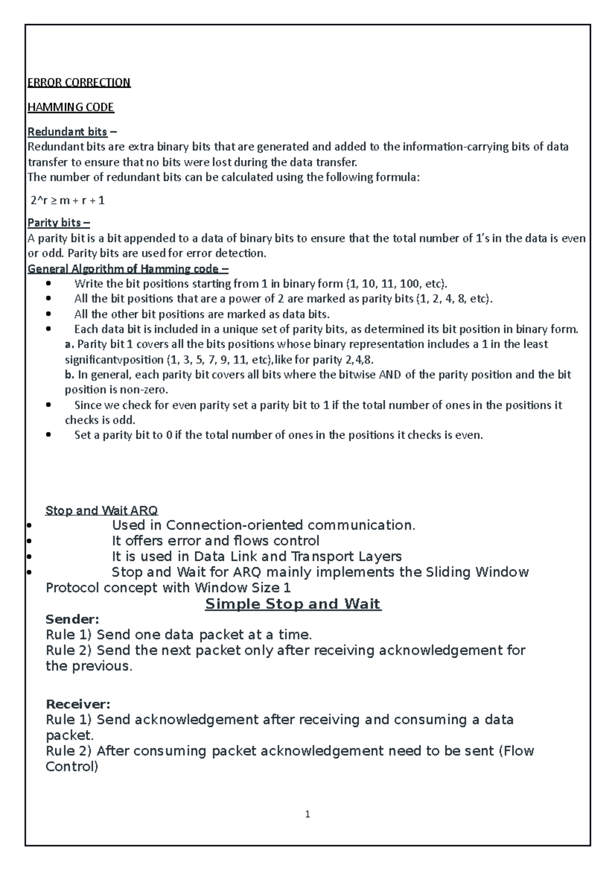 Datalink Layer Full Notes On Computer Networks Error Correction Hamming Code Redundant Bits